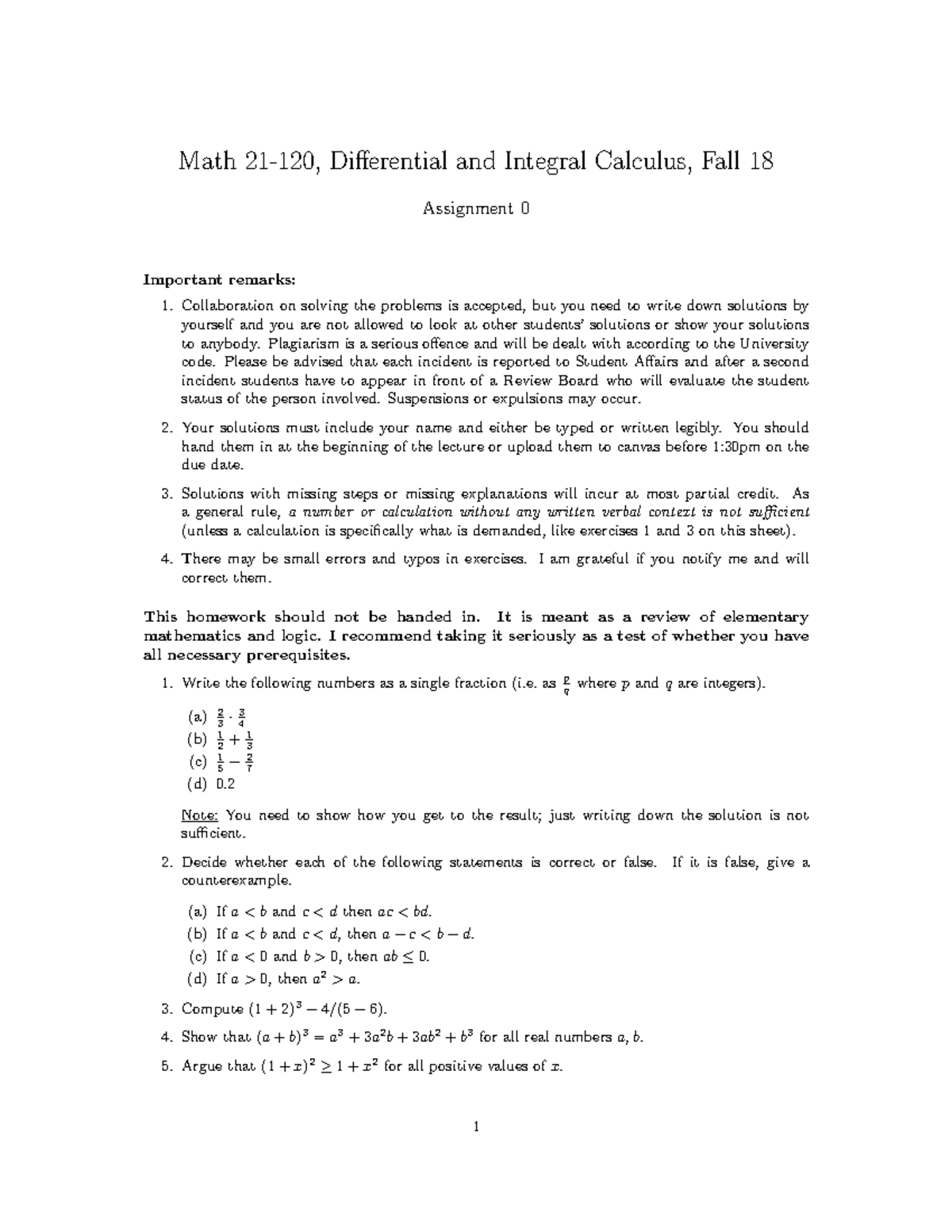 Summer Homework Answers - Math Differential and Integral Calculus, Fall 18 Assignment 0 ...