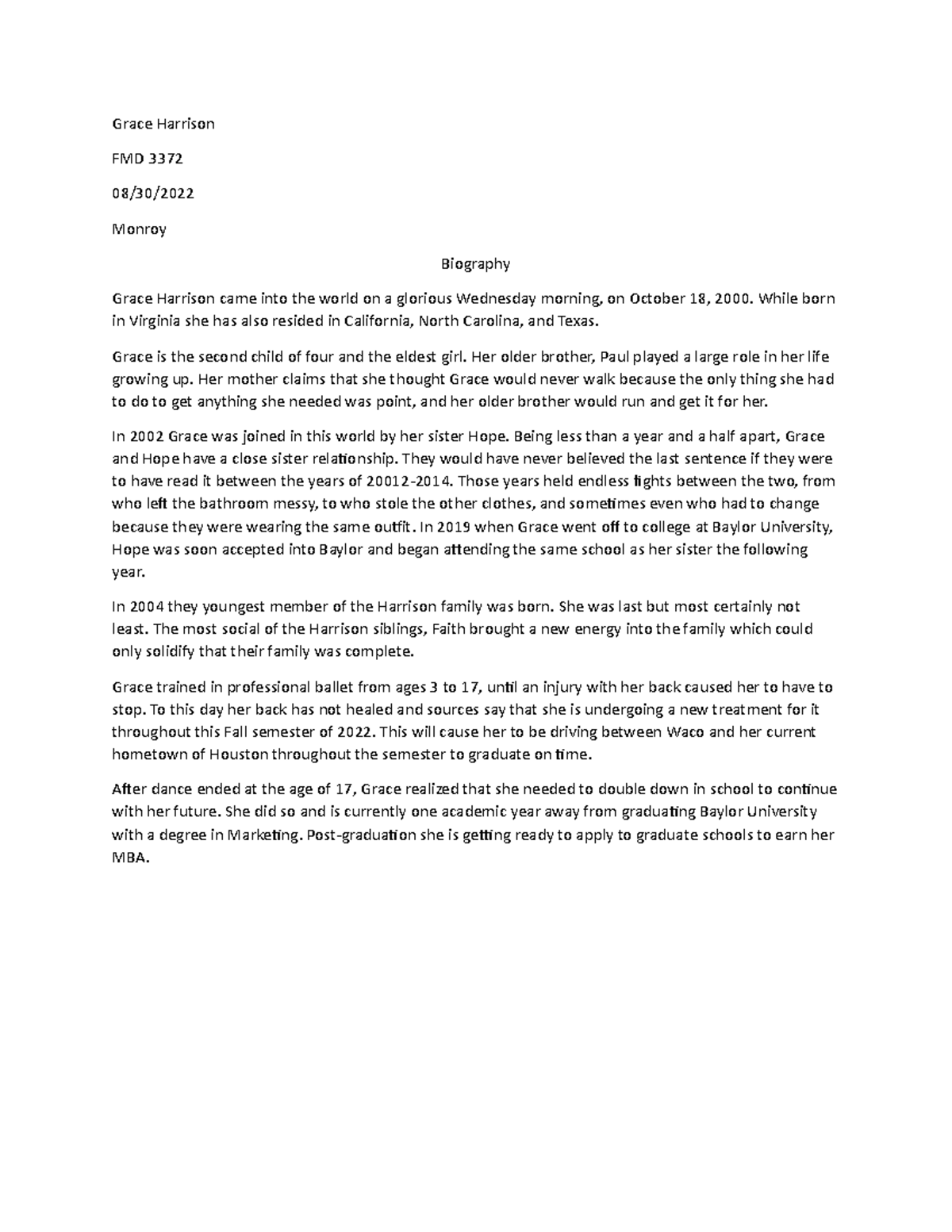 Biography FMD - Assignment - Grace Harrison FMD 3372 08/30/ Monroy ...