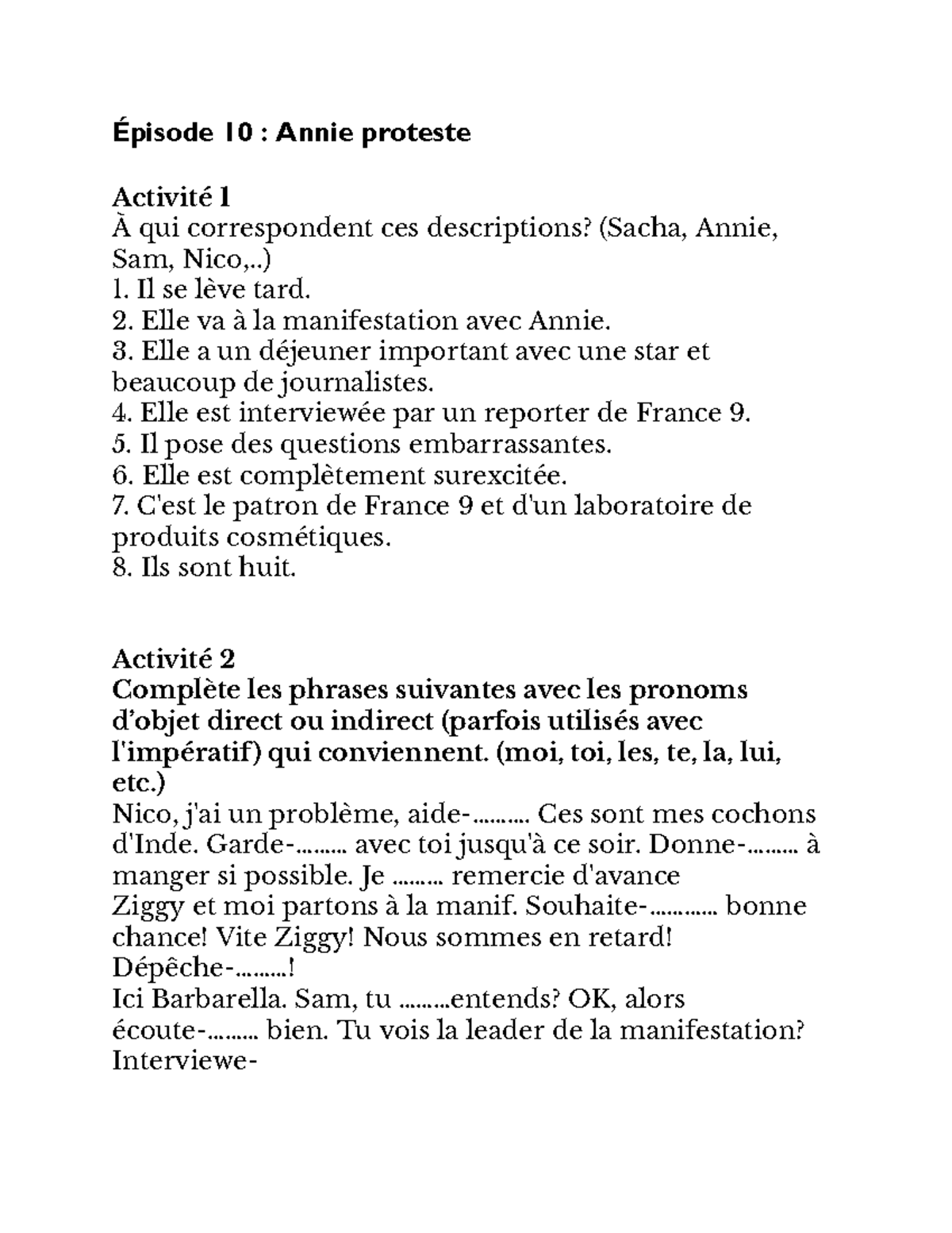 Épisode 10 - grade 9 core level french questions for extra practice ...