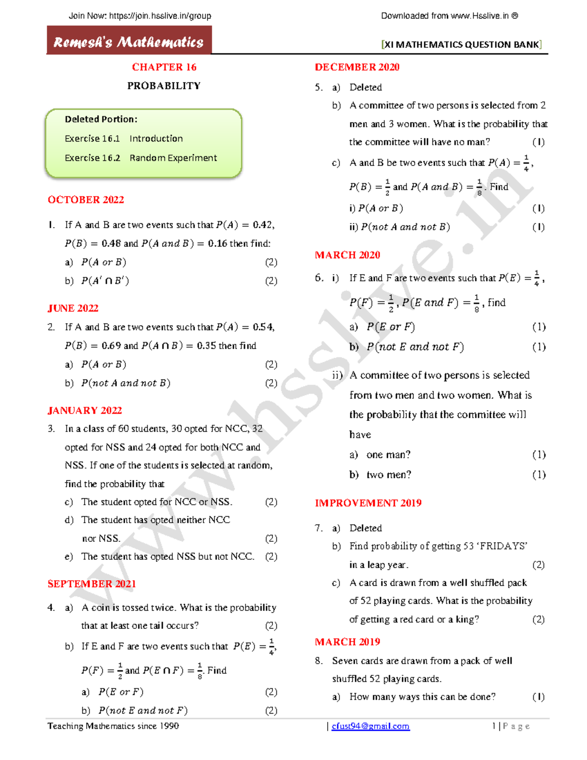 Hsslive-xi-maths-qb-16. Probability previous year question paper - Remesh’s Mathematics [XI ...