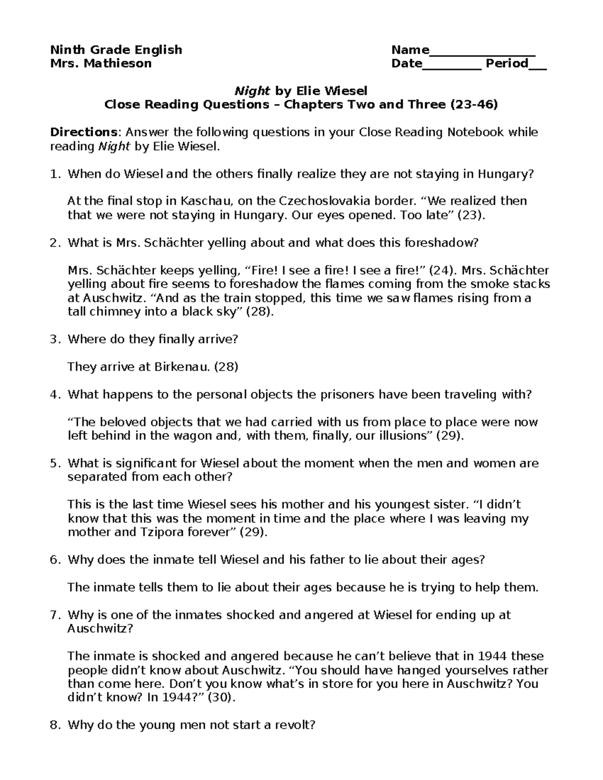 Close Reading Questions Ch. 2-3 Key - Ninth Grade English Name ...