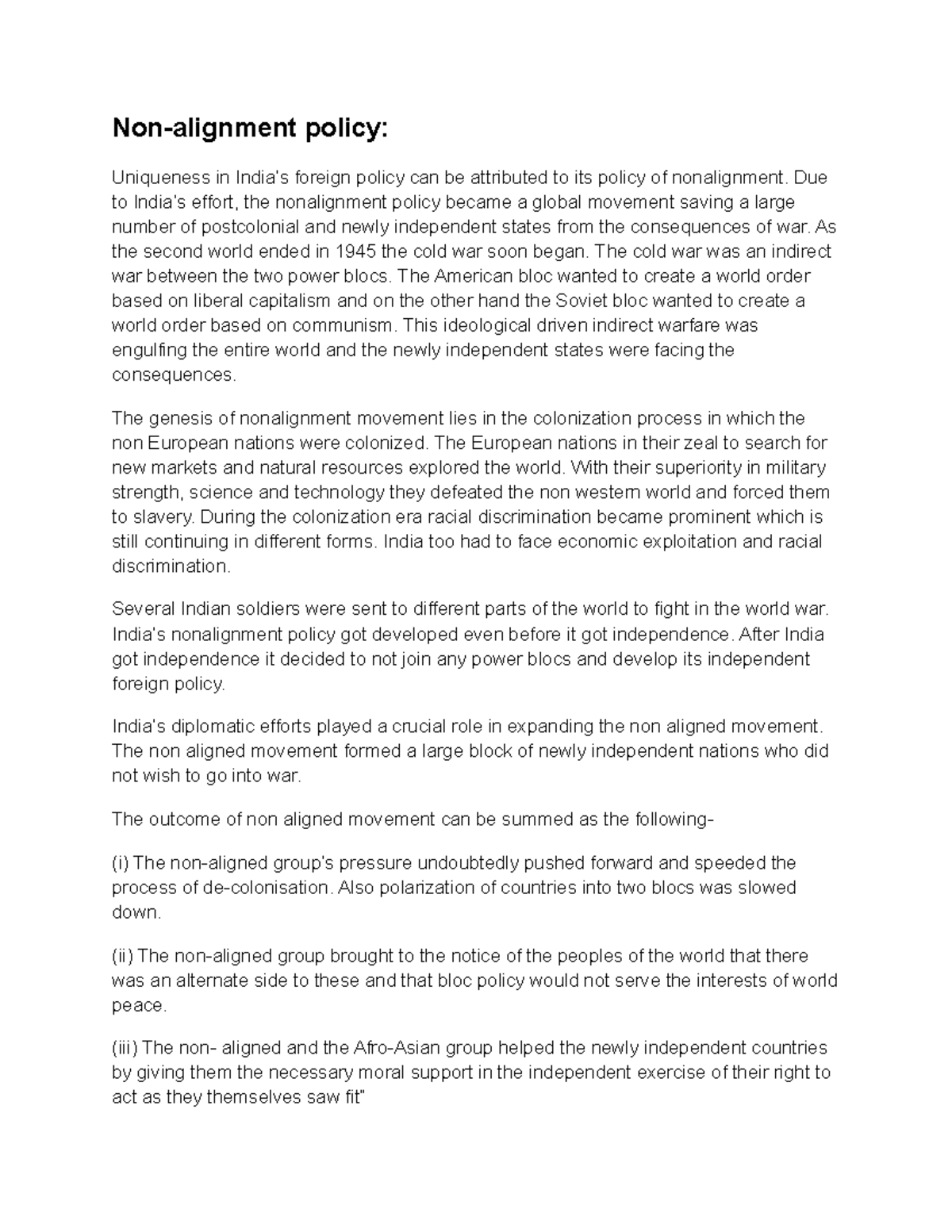 Non-alignment policy - Lecture notes - Non-alignment policy: Uniqueness ...