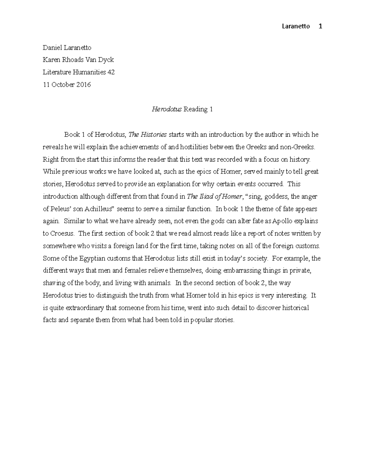 Herodotus Reading 1 - Summary The Histories - Laranetto Daniel Laranetto Karen Rhoads Van Dyck ...