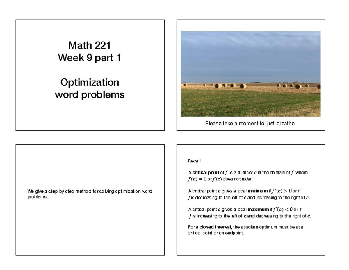 Week 9 - Notes - Math 221 Week 9 part 1 Optimization word problems ...
