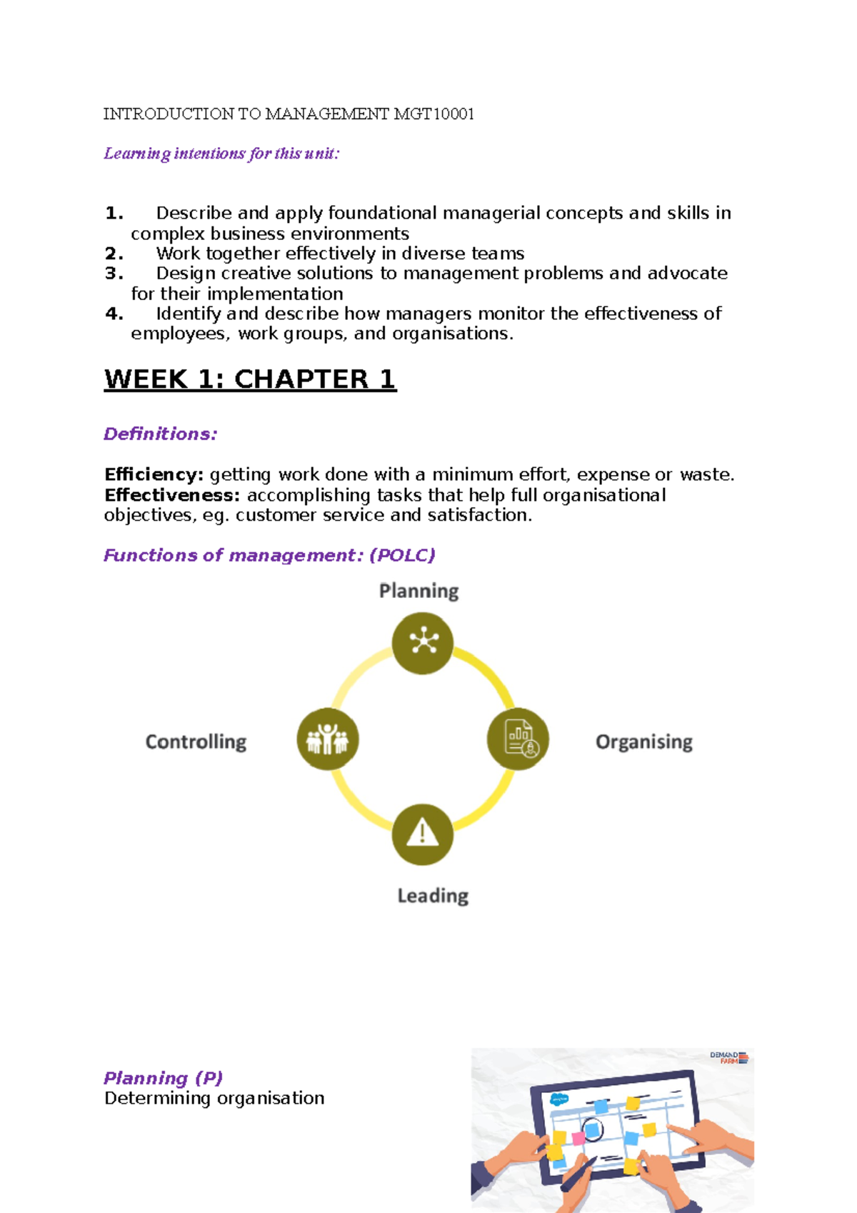 Introduction TO management Notes - INTRODUCTION TO MANAGEMENT MGT ...