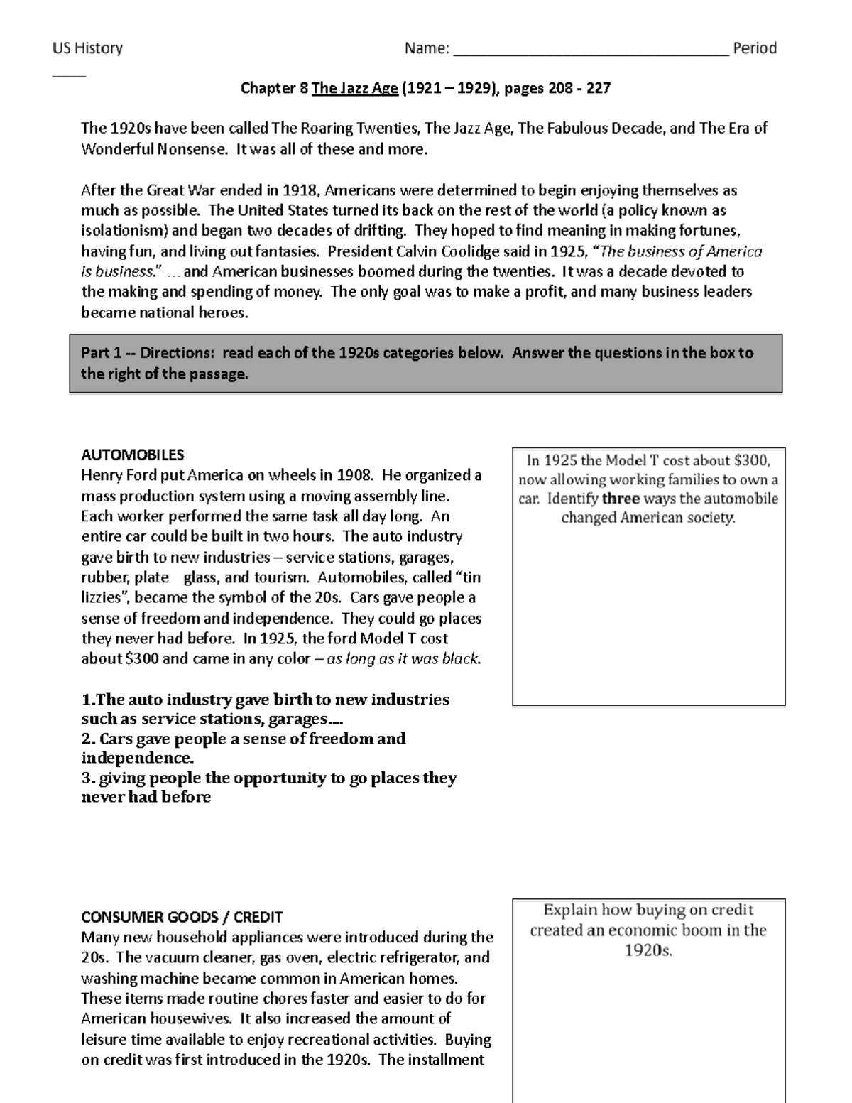 US 8 2019 jazz age packet (2) - Chapter 8 The Jazz Age (1921 – 1929 ...