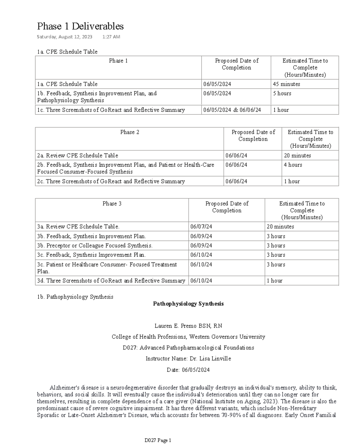 D027 OneNote Passed - 1a. CPE Schedule Table Phase 1 Proposed Date of ...