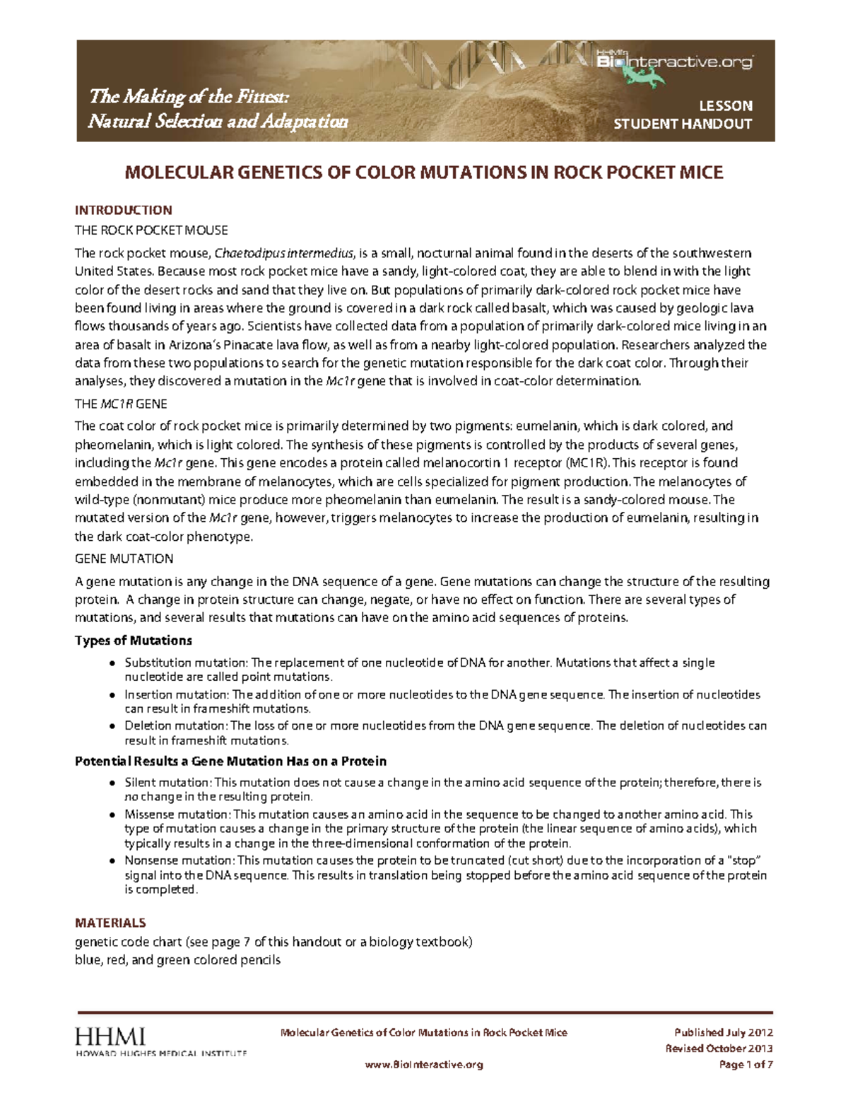 Rock Pocket Mice Molecular Genetics+of+Color+Mutations - Molecular ...