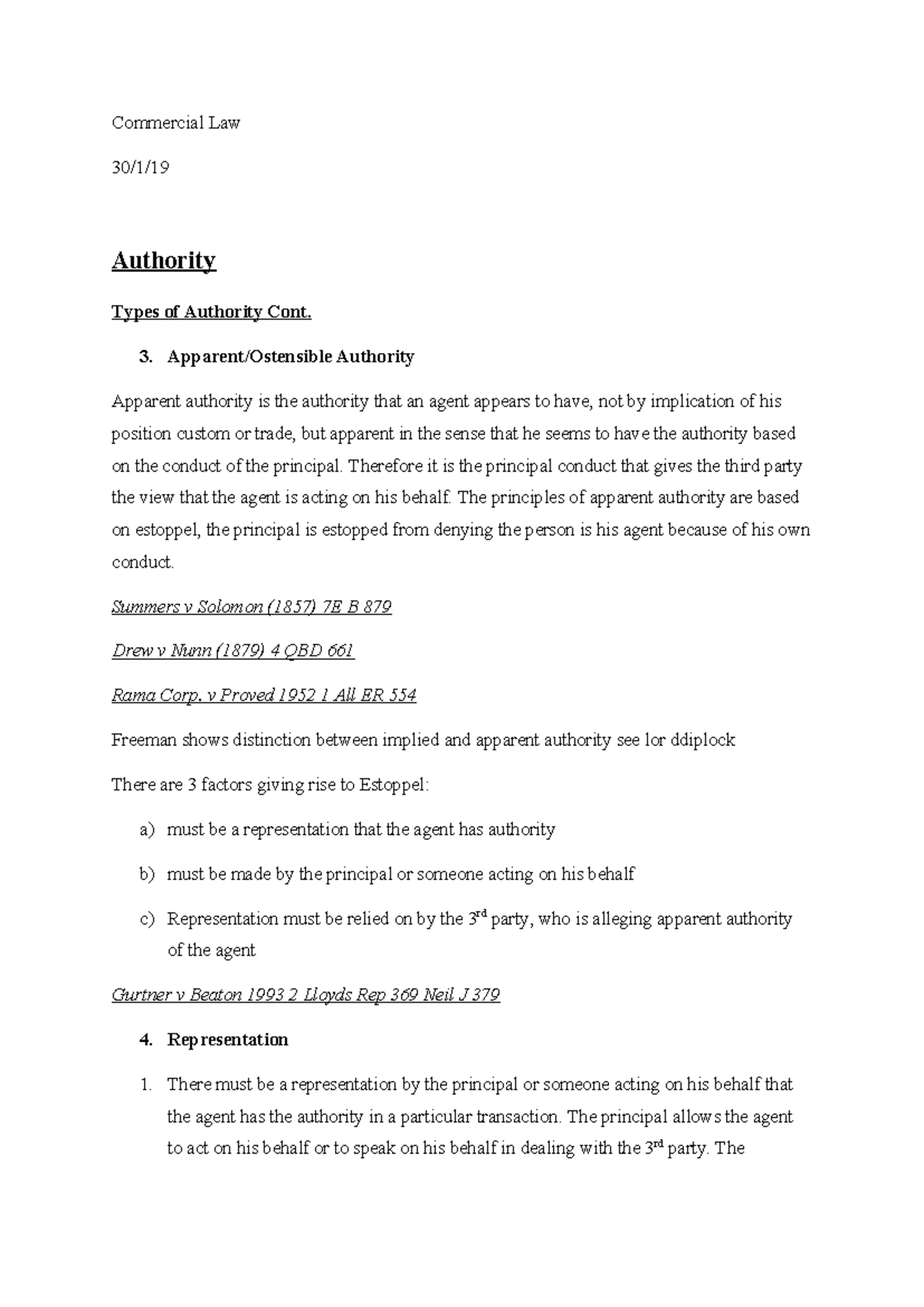Commercial Law notes - Commercial Law 30/1/ Authority Types of ...