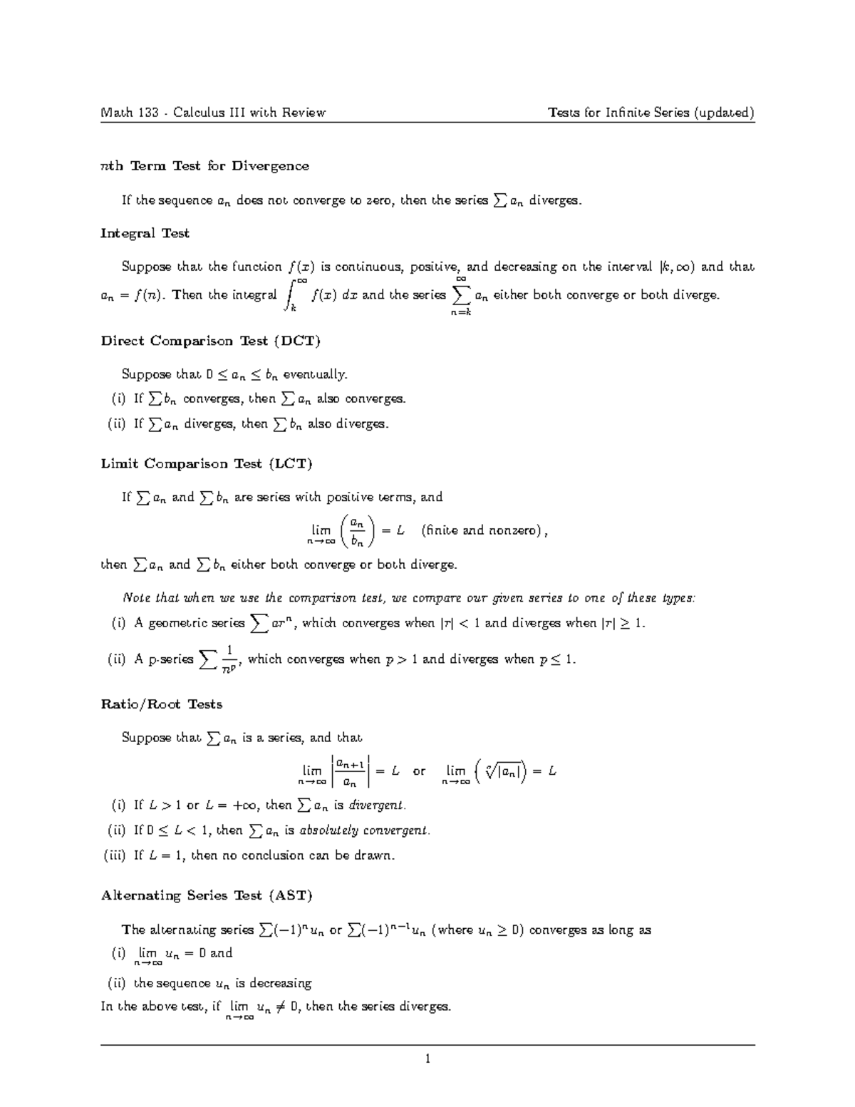08 - Series Tests - MATH 133 LECTURE NOTES AND EXAMPLES - Math 133 ...