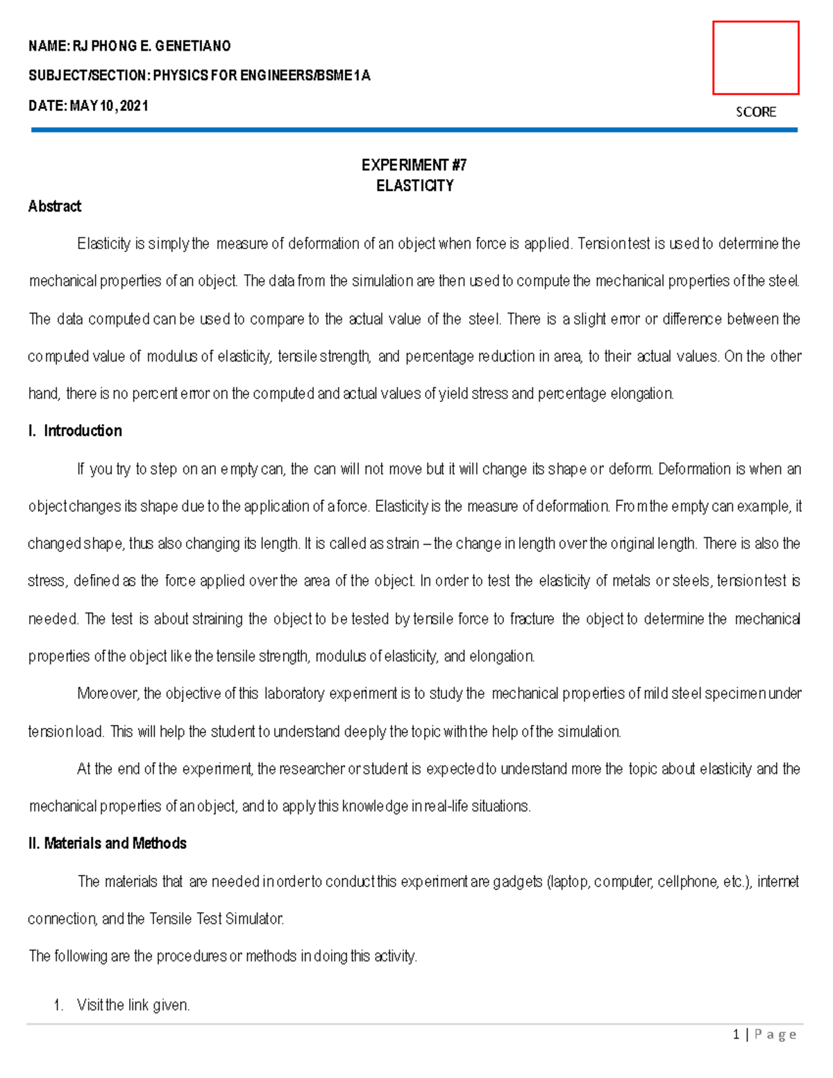 Experiment on Elasticity - College Physics 1 - PangSU - Studocu