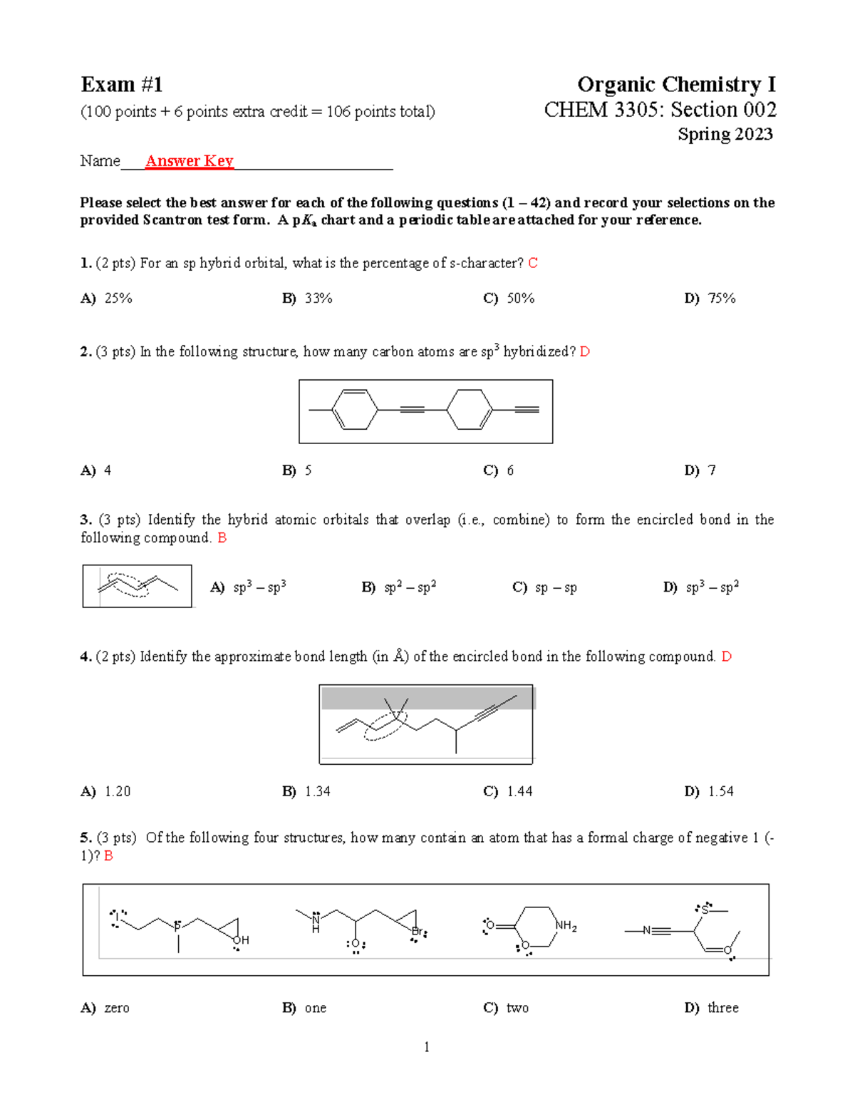 Exam 1 Spring 2023 - Answer Key - 1 Exam #1 Organic Chemistry I (100 ...