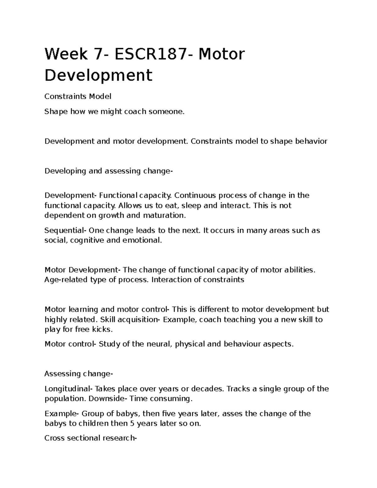 Week 7 - Lecture notes - Week 7- ESCR187- Motor Development Constraints ...