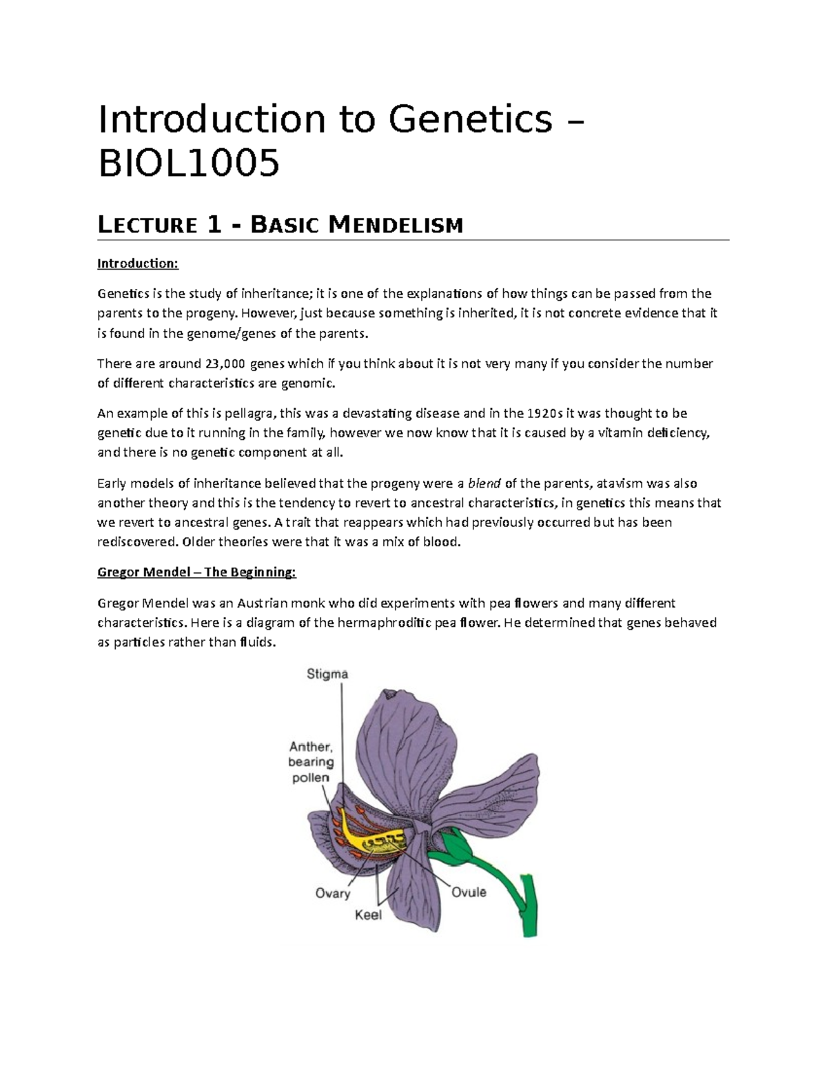 BIOL1005 Introduction to Genetics Prof S - Introduction to Genetics ...
