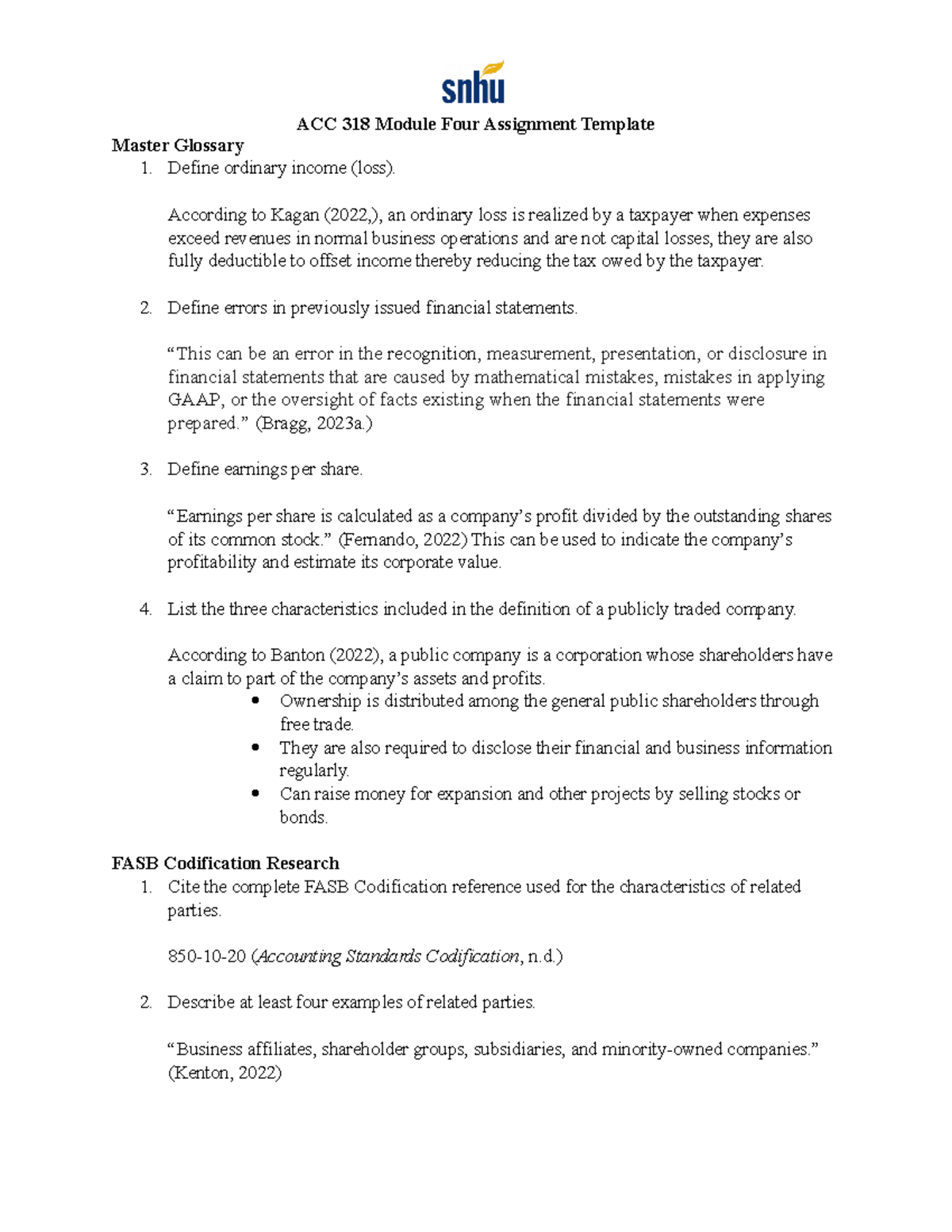 ACC 318 Module Four Assignment - According to Kagan (2022,), an ...