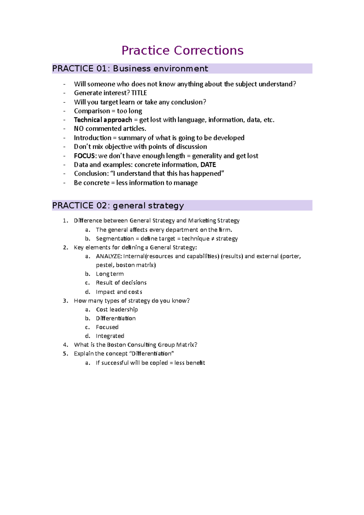 Practice 1 & 2 corrections - Practice Corrections PRACTICE 01: Business ...