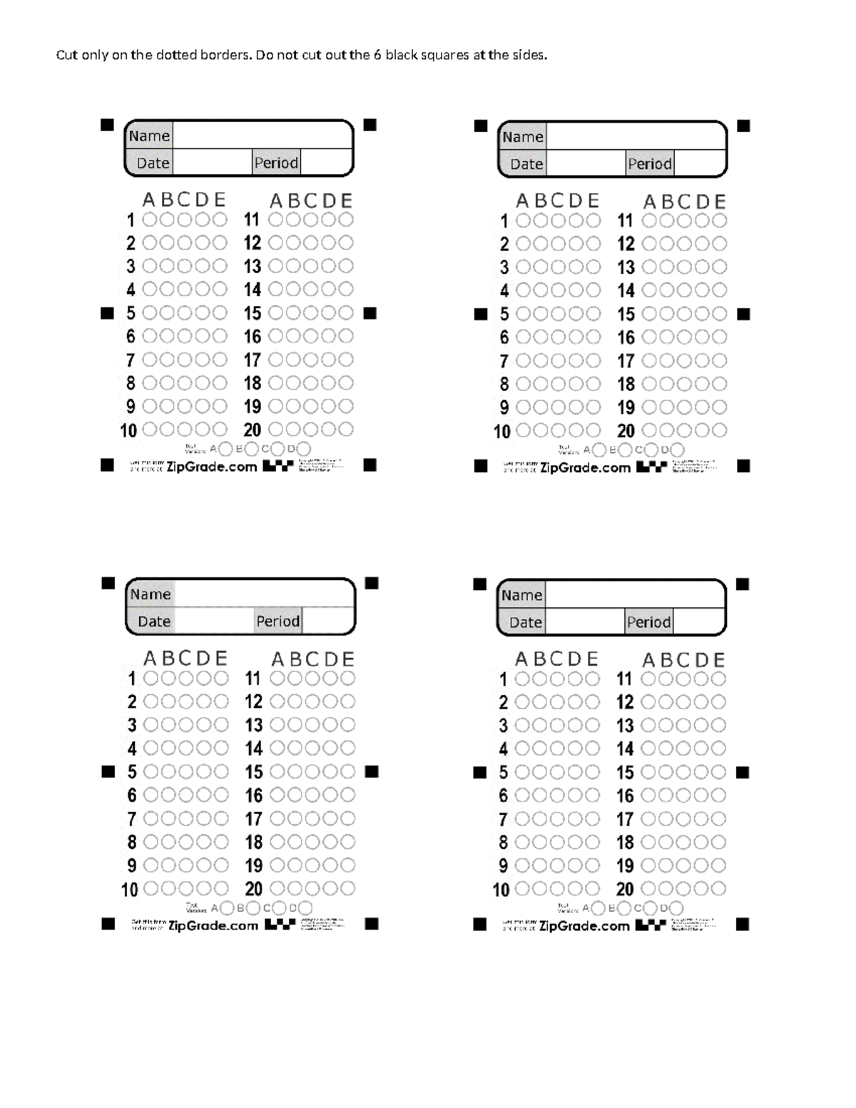 Zip Grade 20 item template - BSEd English - Cut only on the dotted ...