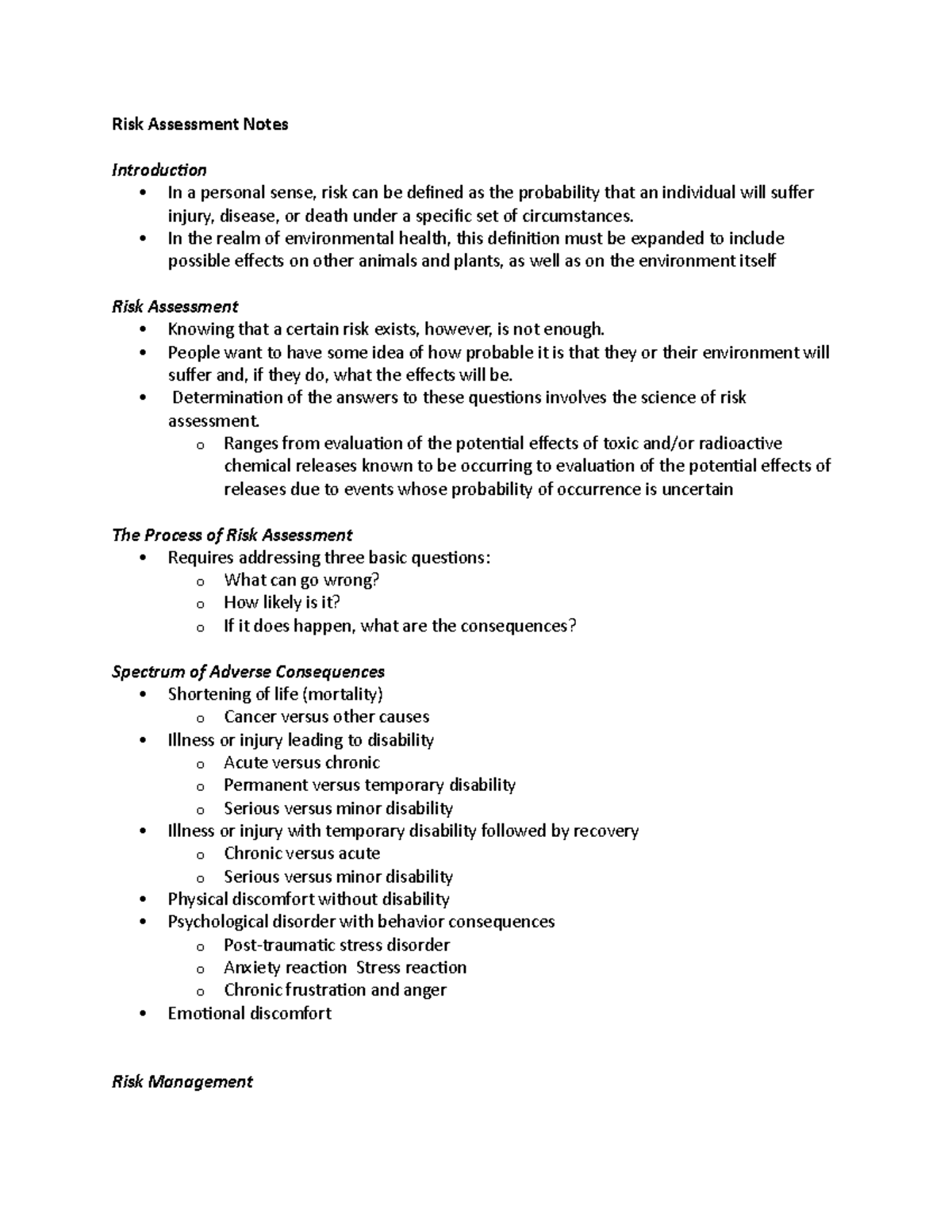 Risk Assessment Notes - Risk Assessment Notes Introduction In a ...