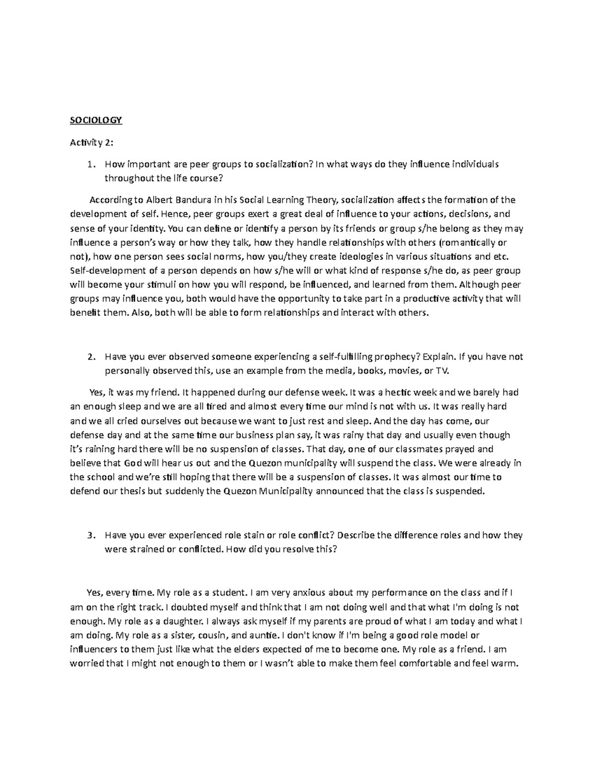 Sociology-understanding the self - SOCIOLOGY Activity 2: How important ...