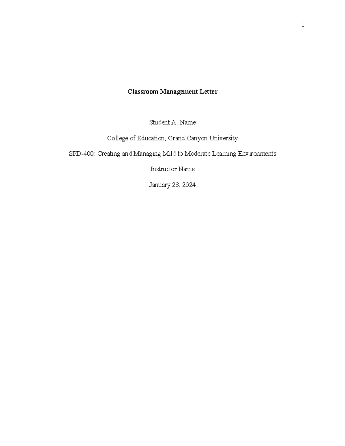 Classroom Management Letter - Classroom Management Letter Student A ...