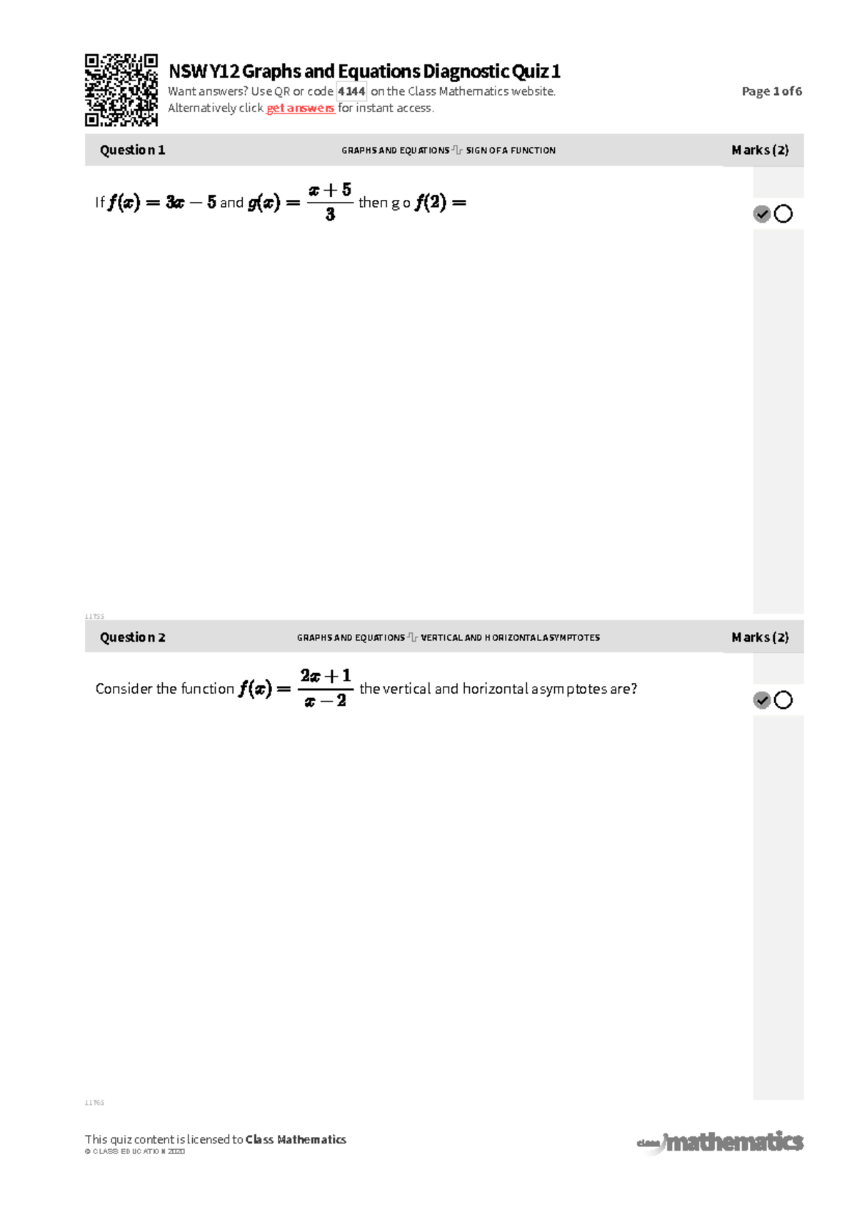 NSW Y12 Graphs and Equations Diagnostic Quiz 1 - Question 1 GRAPHS AND ...