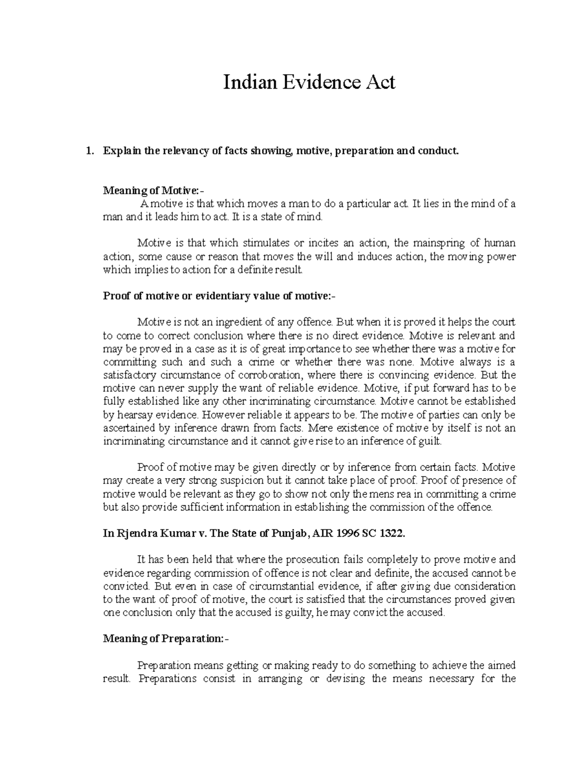 Evidence - Explain the relevancy of facts showing, motive, preparation ...