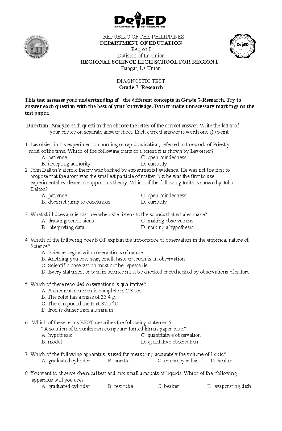 Diagnostic Test - Res 7 60 points - REPUBLIC OF THE PHILIPPINES ...