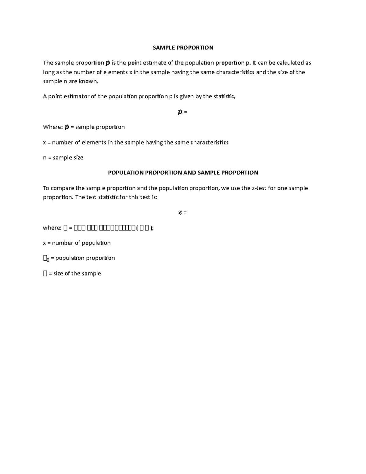 Sample Proportion - notes - SAMPLE PROPORTION The sample proportion 𝐀̂ ...