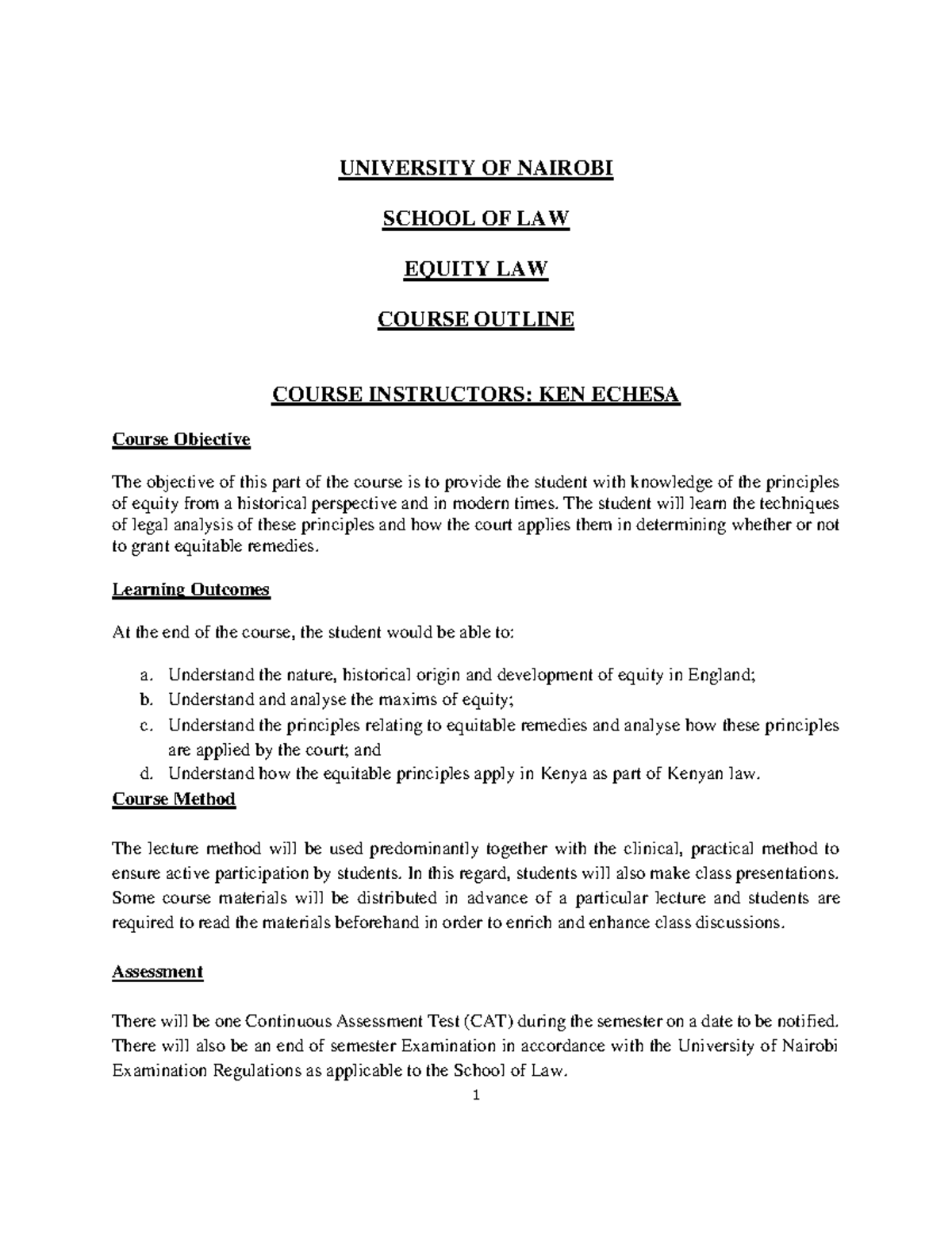 Equity LAW Course Outline - UNIVERSITY OF NAIROBI SCHOOL OF LAW EQUITY ...