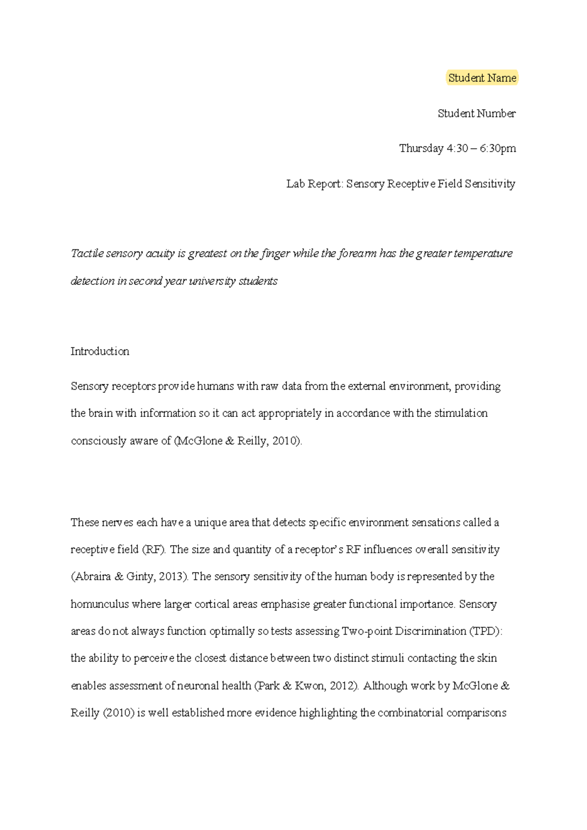 Lab Report Write Up Student Example - Student Name Student Number Thursday 4:30 – 6 :30pm Lab ...