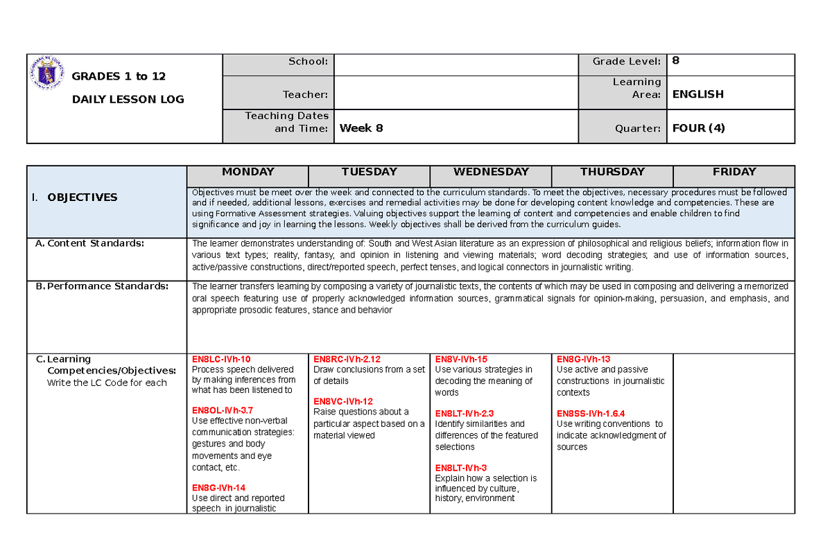 DLL-Eng8-4th Q-Week-8 - GRADES 1 to 12 DAILY LESSON LOG School: Grade ...