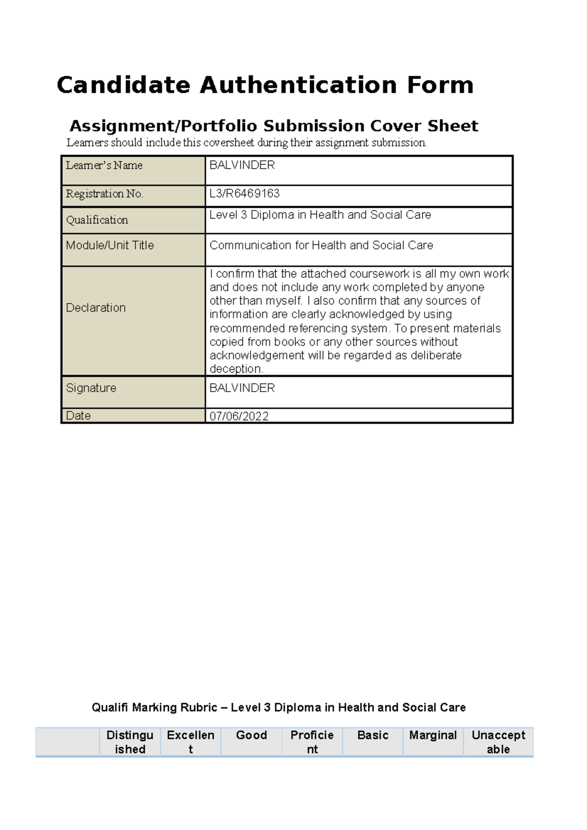 Communication for Health and Social Care - Candidate Authentication ...