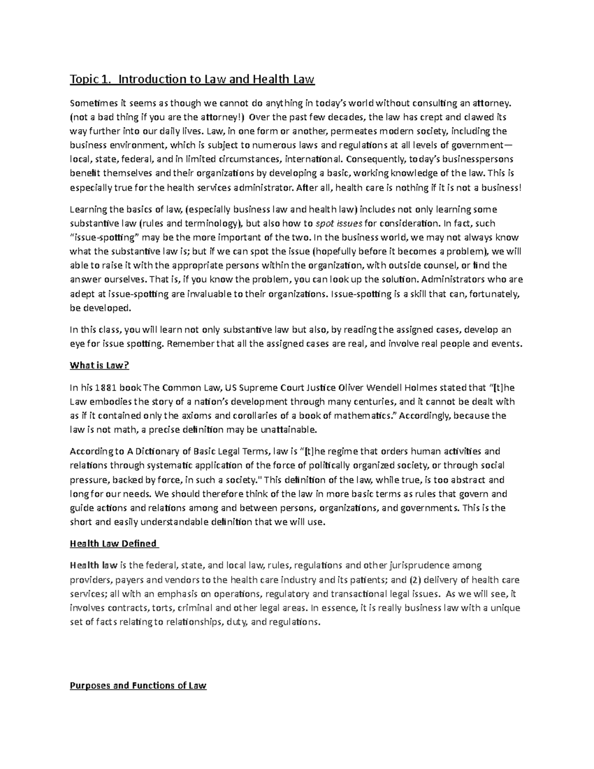 Topic 1- Intro to Law, Defining Health, Law and Ethics - Topic 1 ...