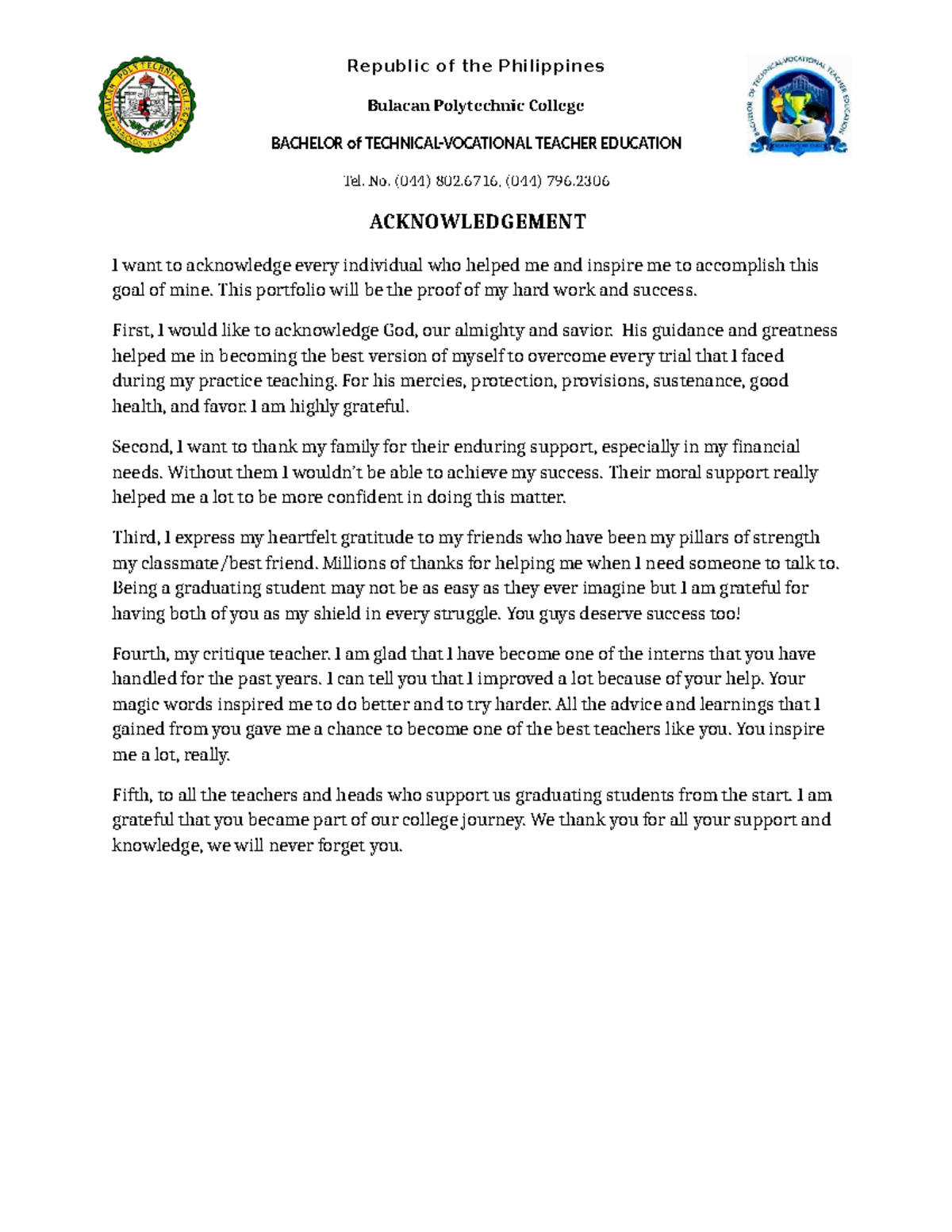 Acknowledgement Portfolio - Republic of the Philippines Bulacan ...