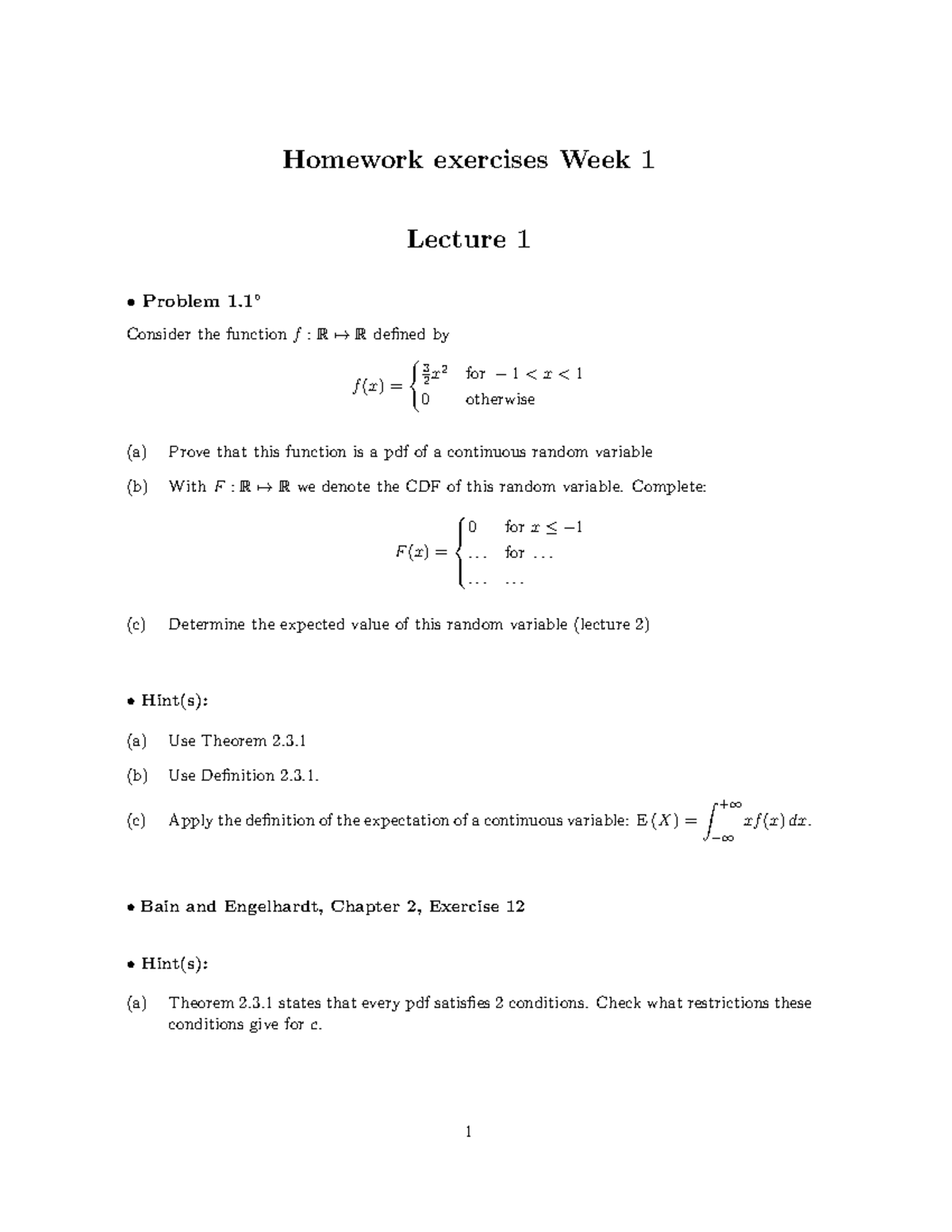 Hints Homework Week 1 - Lecture notes - Homework exercises Week 1 ...