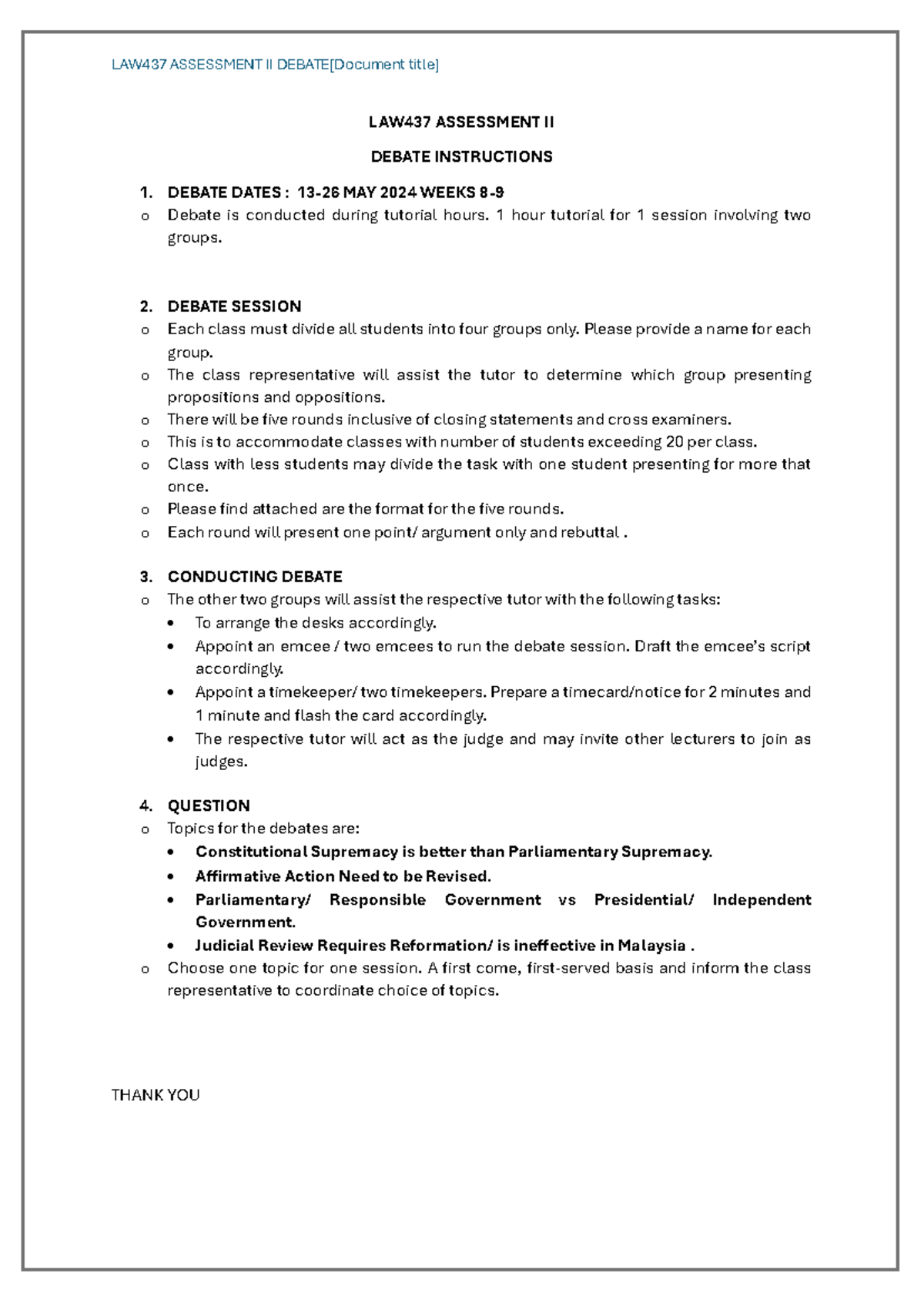 LAW437 Assessment II Debate Instructions - LAW437 ASSESSMENT II DEBATE ...