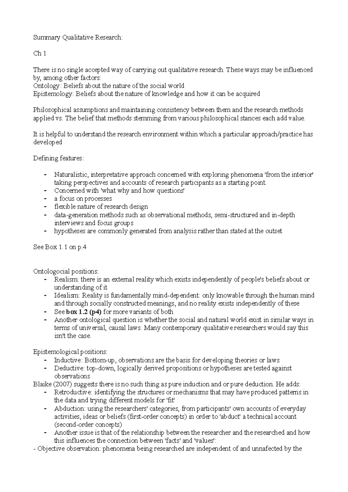 Qualitative research summary - Summary Qualitative Research: Ch 1 There ...