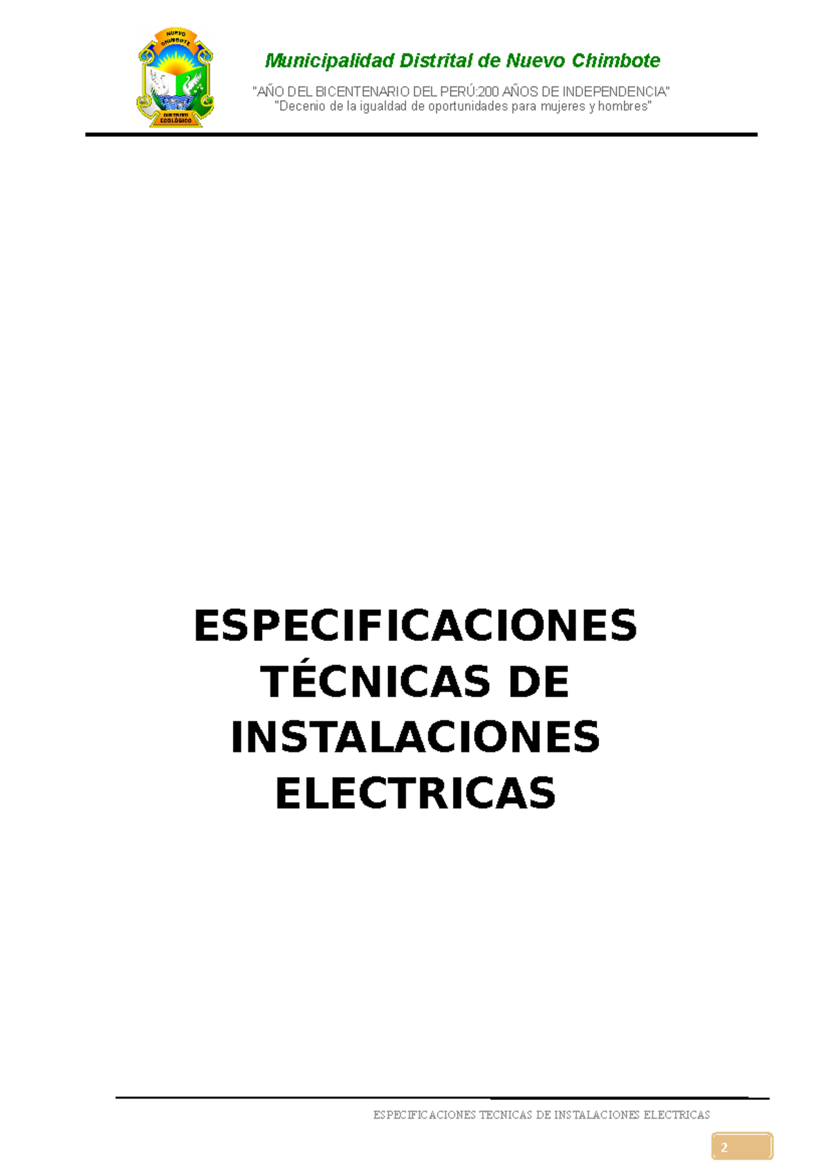 Especificaciones Técnicas DE Instalaciones Electricas - “AÑO DEL BICENTENARIO DEL PERÚ:200 AÑOS ...