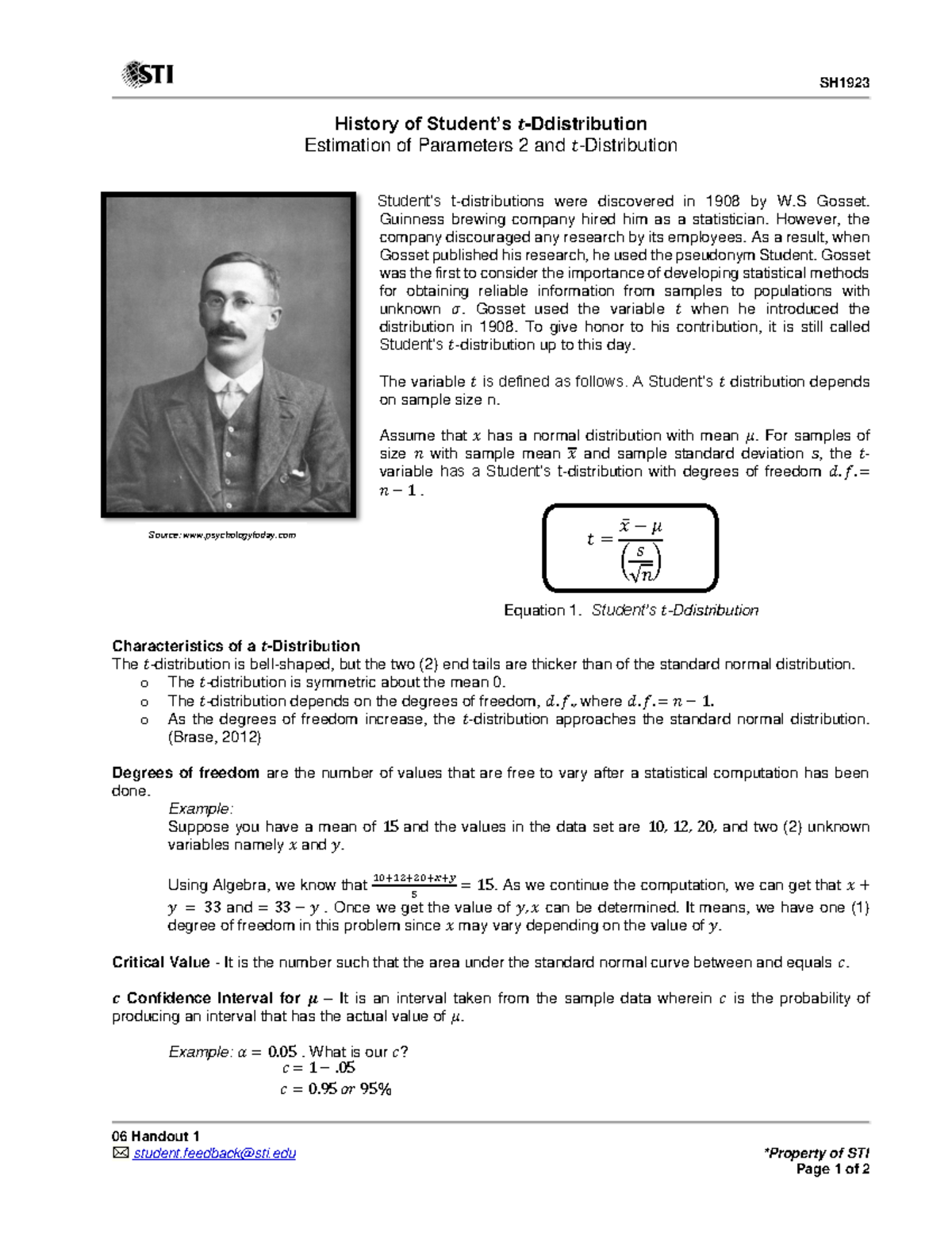 SH1923 - Statistics and Probability 06 Handout 1 - SH 06 Handout 1 ...