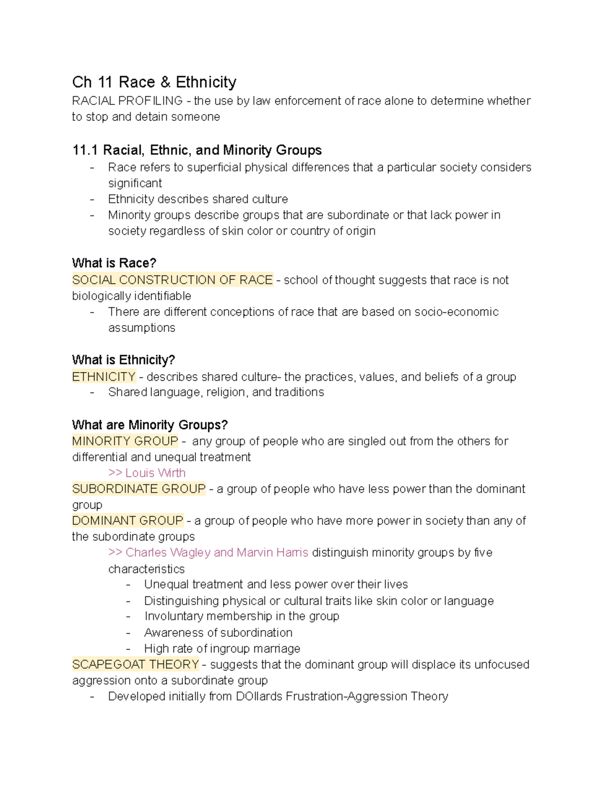 SOC Ch 11 - Reading Notes - Ch 11 Race & Ethnicity RACIAL PROFILING ...