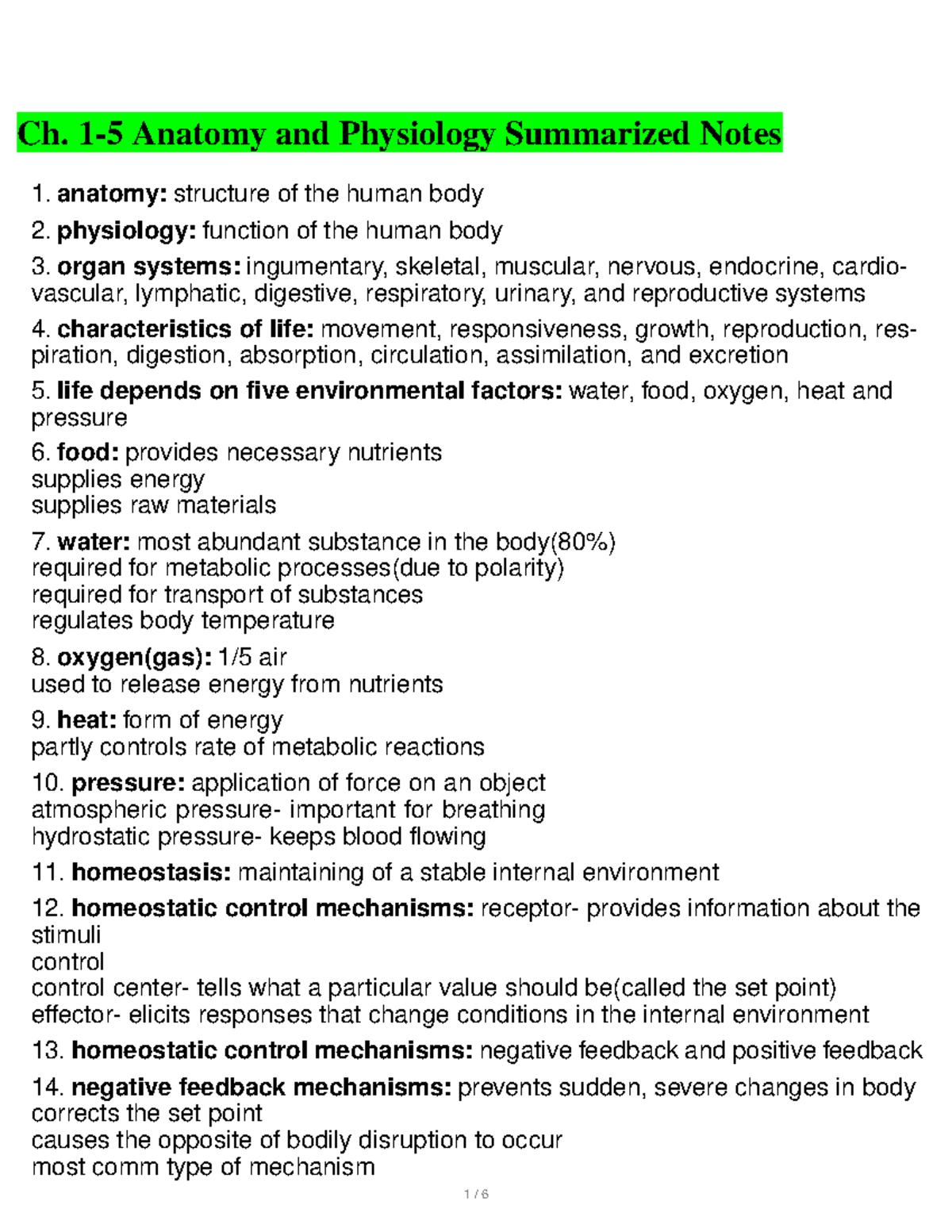 Ch. 1-5 Anatomy and Physiology Summarized Notes - Ch. 1-5 Anatomy and ...