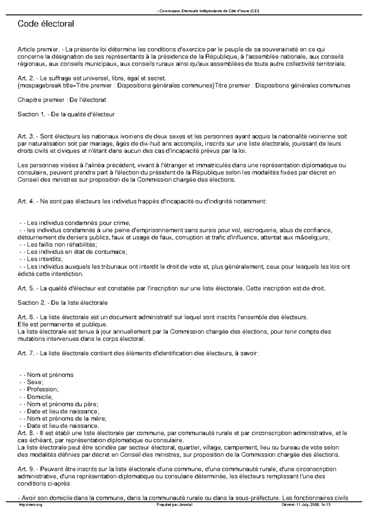 Code Electoral - Code électoral Article premier. - La présente loi ...