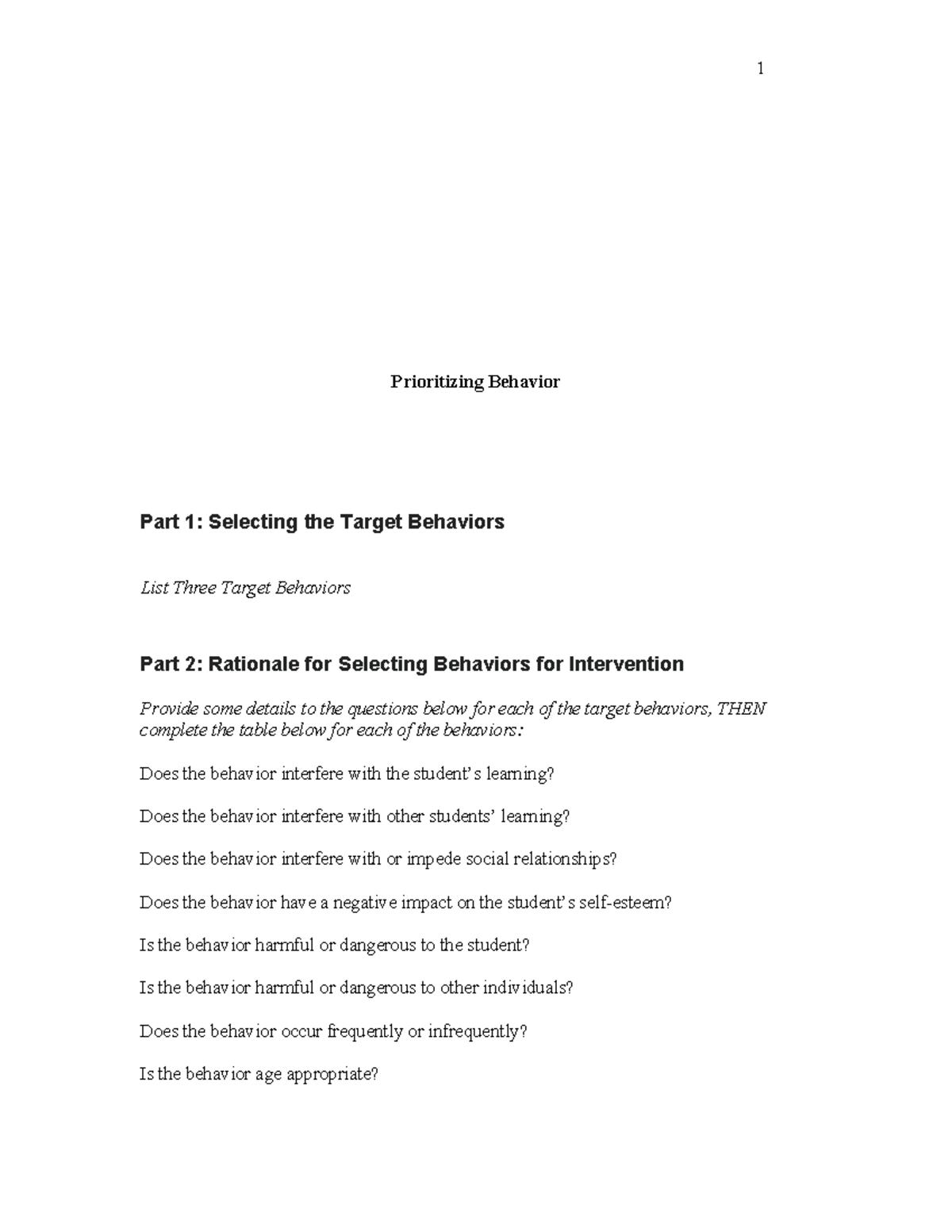 Unit 2 Assignment Template - 1 Prioritizing Behavior Part 1: Selecting ...