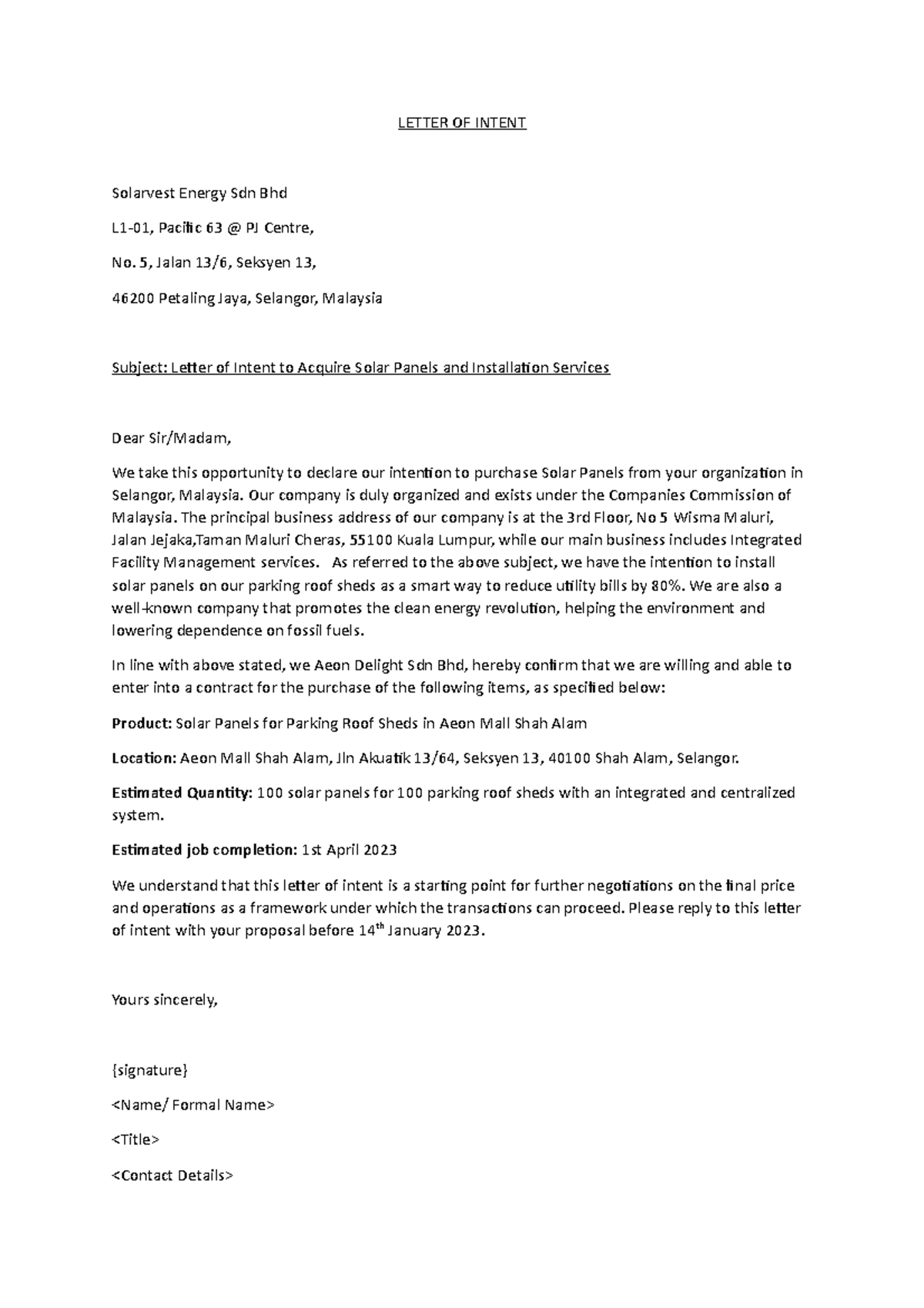 Letter OF Intent AEON Delight - LETTER OF INTENT Solarvest Energy Sdn ...