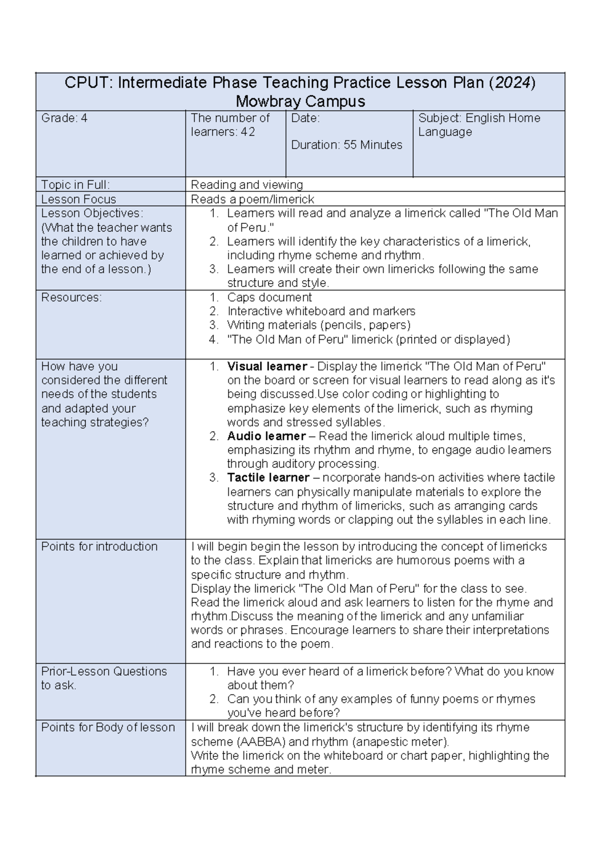 Eng - Liimerick - CPUT: Intermediate Phase Teaching Practice Lesson ...
