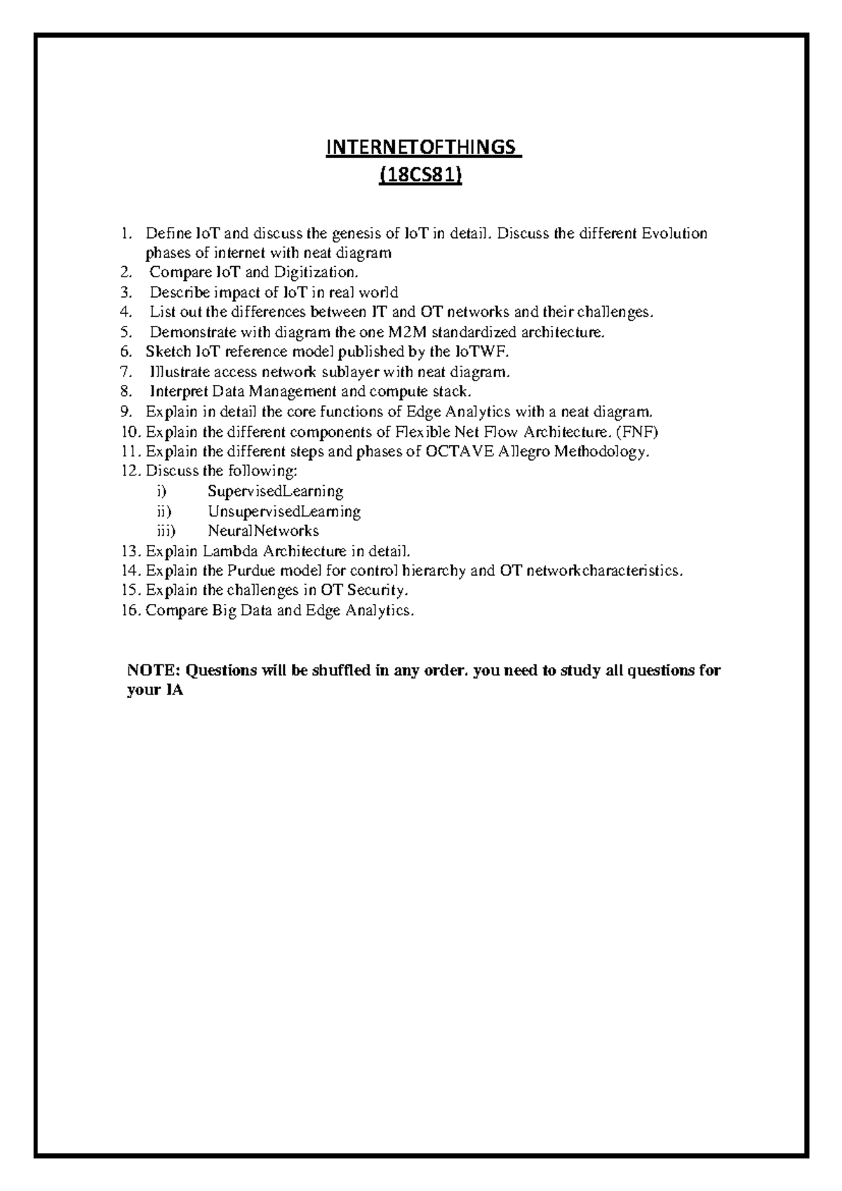 Question BANK FOR First Internal - INTERNETOFTHINGS (18CS81) Define IoT ...