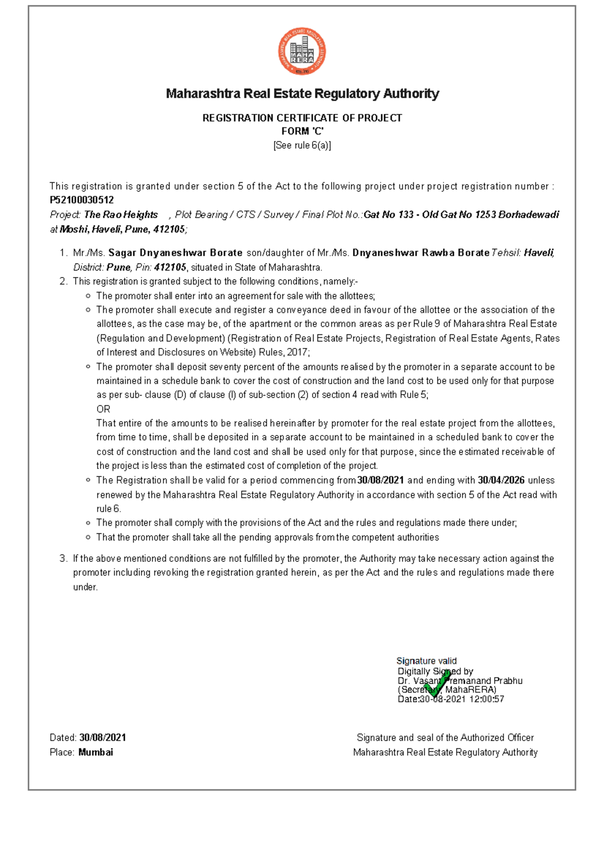 P52100030512 - adv - Dated: 30/08/ Place: Mumbai Signature and seal of ...