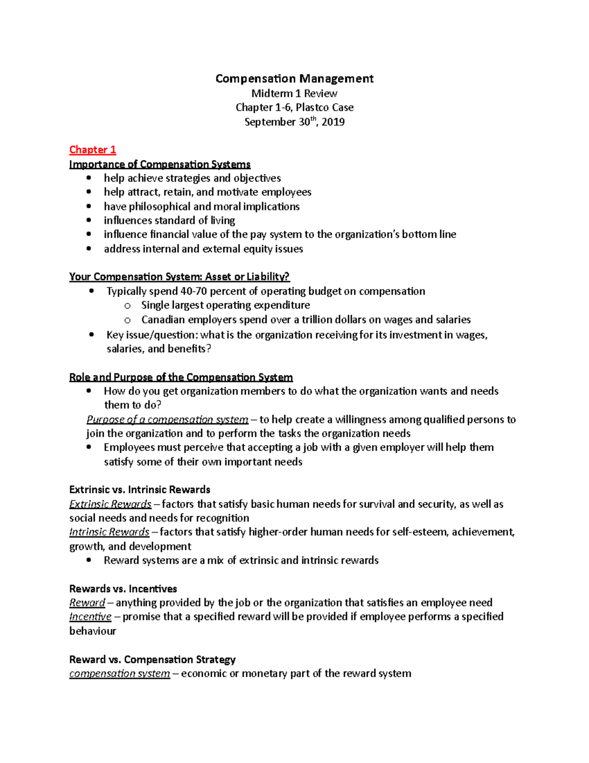 Compensation Management Midterm 1 Review - Compensation Management ...