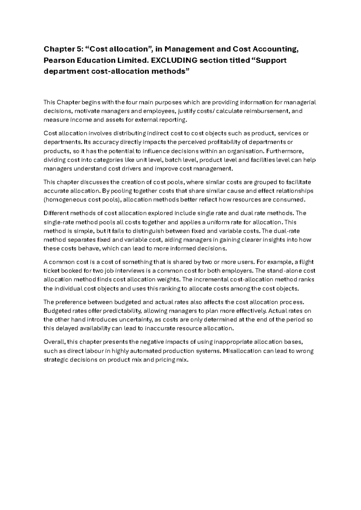 C5 Cost Allocation 2 - Summary Management and Cost Accounting - Chapter 5: “Cost allocation”, in ...