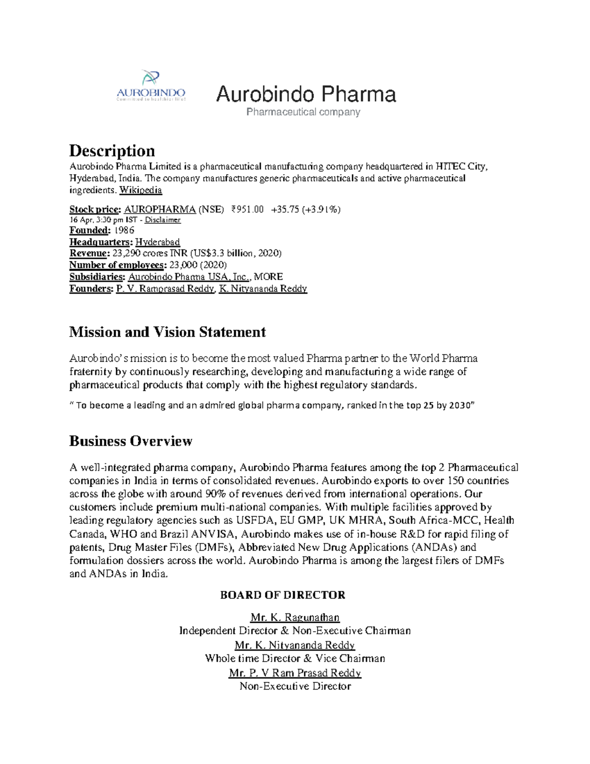 Aurobindo Pharma - dsdgffdffffghjkkhhhjhabshbhsbchsb - Aurobindo Pharma ...